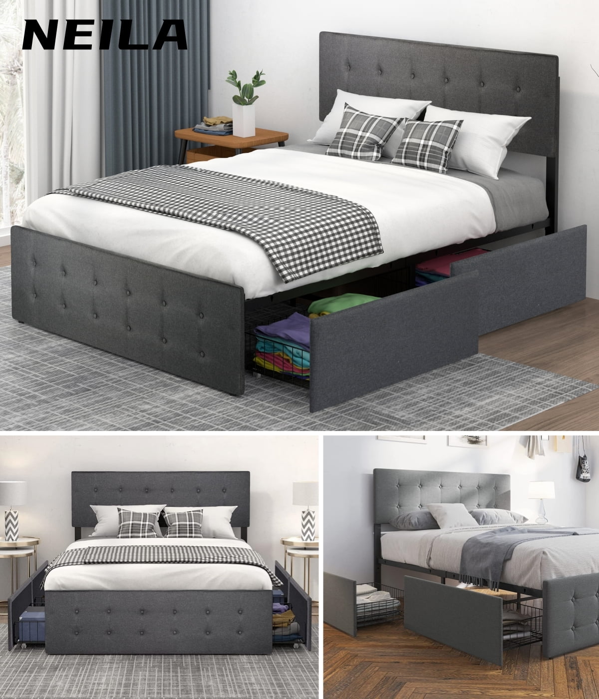 NEILA Full Size Bed Frame with Adjustable Headboard 4 Drawers Storage ...