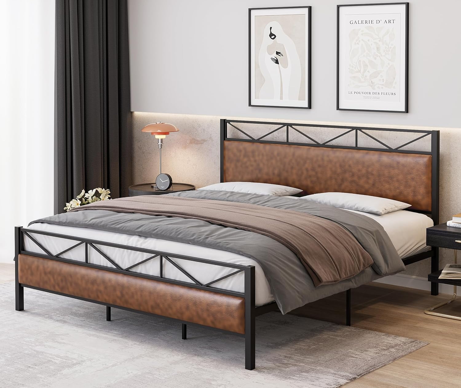 NEILA Full Size Bed Frame with Rustic Leather Headboard and Footboard ...