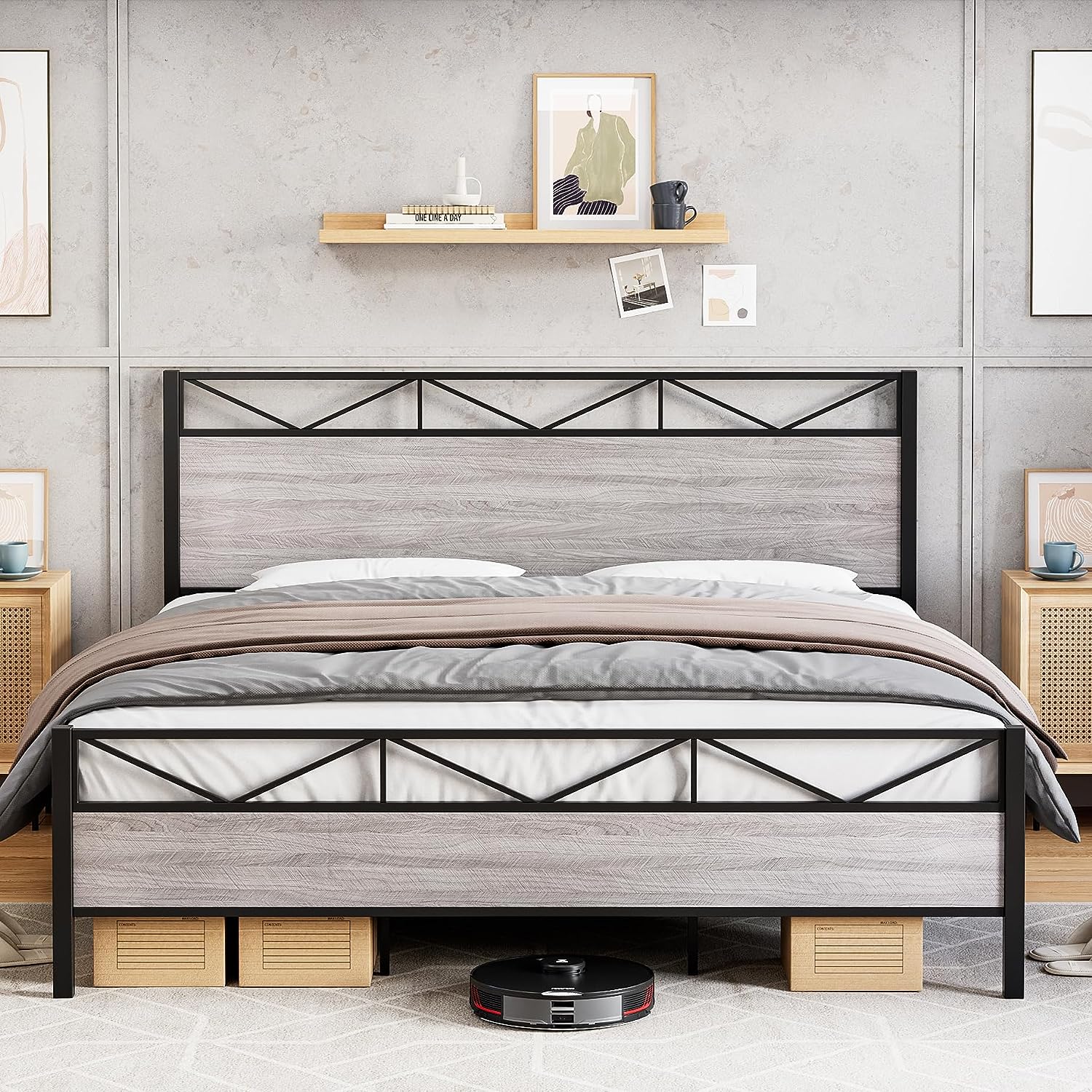 NEILA Full Size Bed Frame with Rustic Wood Headboard and Footboard ...