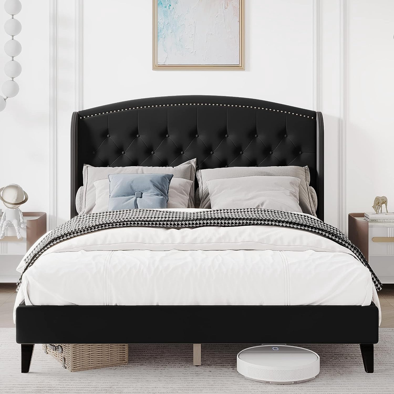 NEILA Full Size Bed Frame, Upholstered Platform Bed with Wingback ...