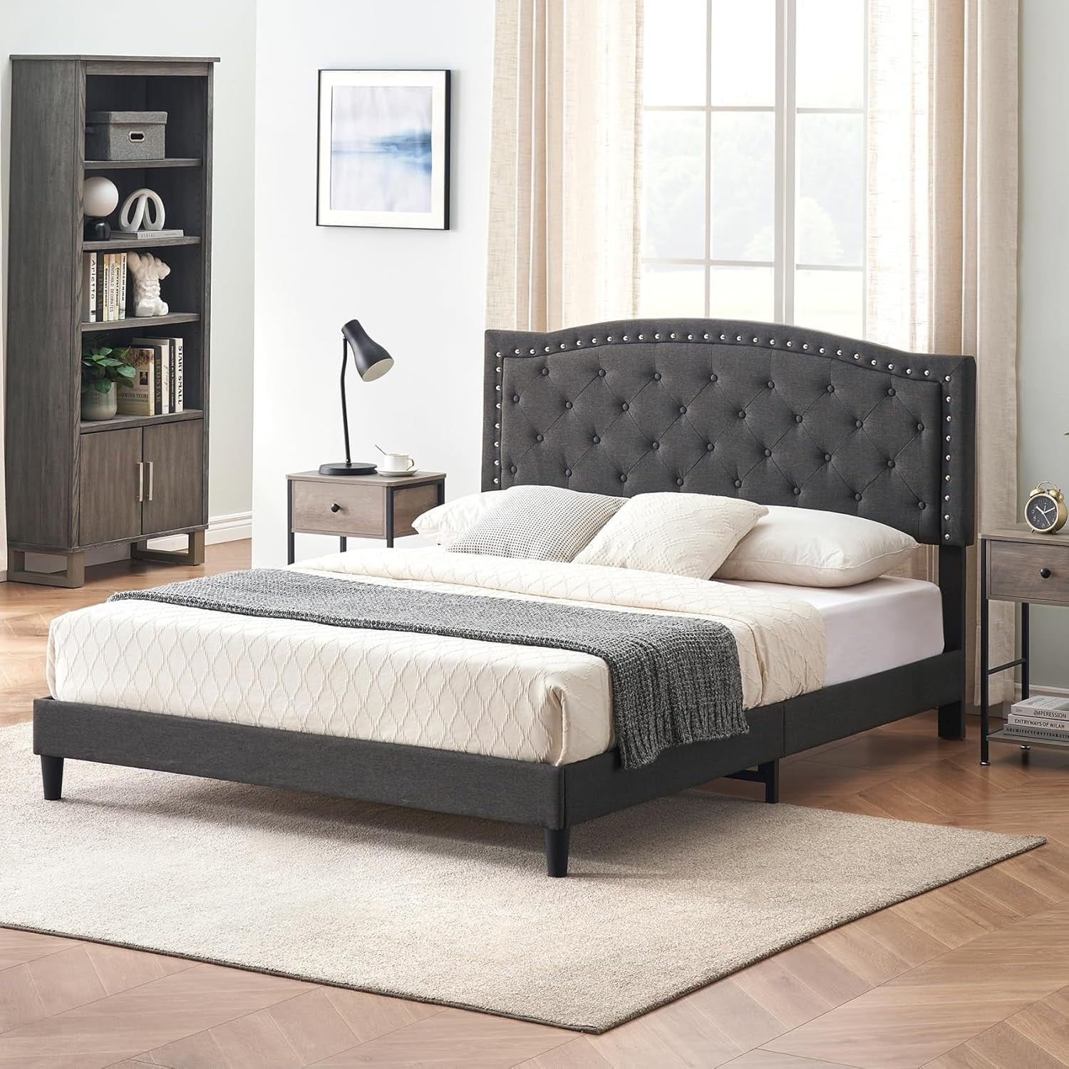 NEILA Full Size Platform Bed Frame – Modern Gray Upholstered Bed with ...
