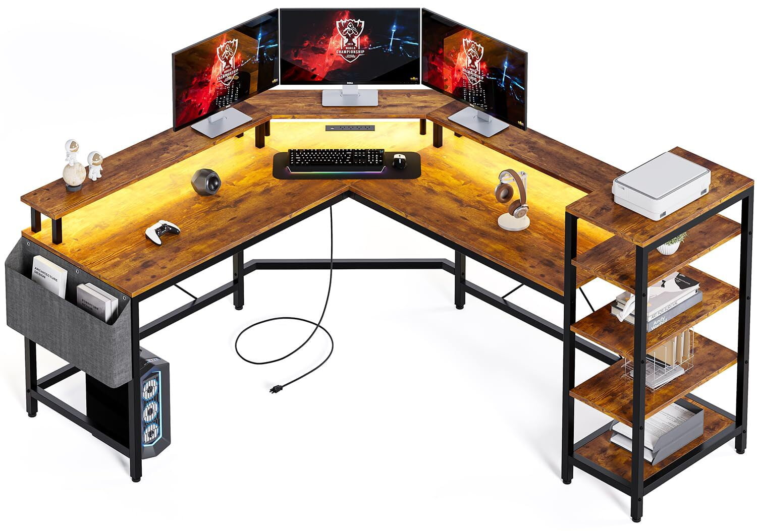 NEILA L Shaped Desk with Power Outlets & LED Lights, 64" Computer Desk ...