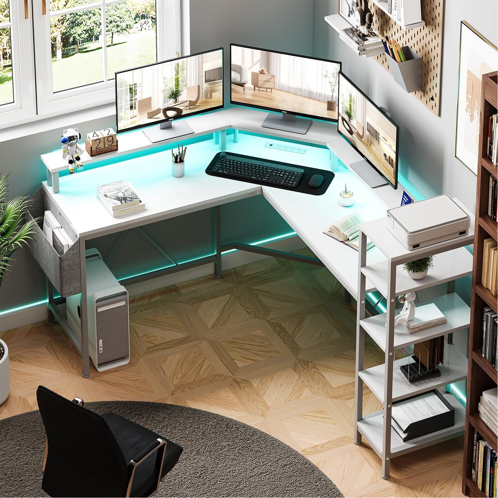 NEILA L Shaped Desk with Power Outlets & LED Lights, 65" Computer Desk ...