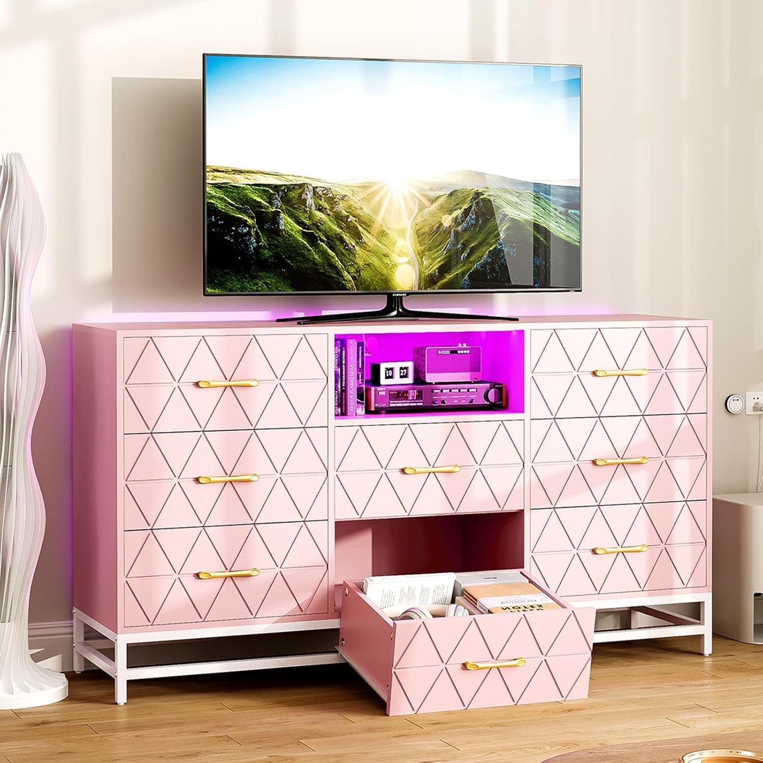 NEILA Modern 8 Deep Pink Drawer Dresser with Charging Station & LED ...