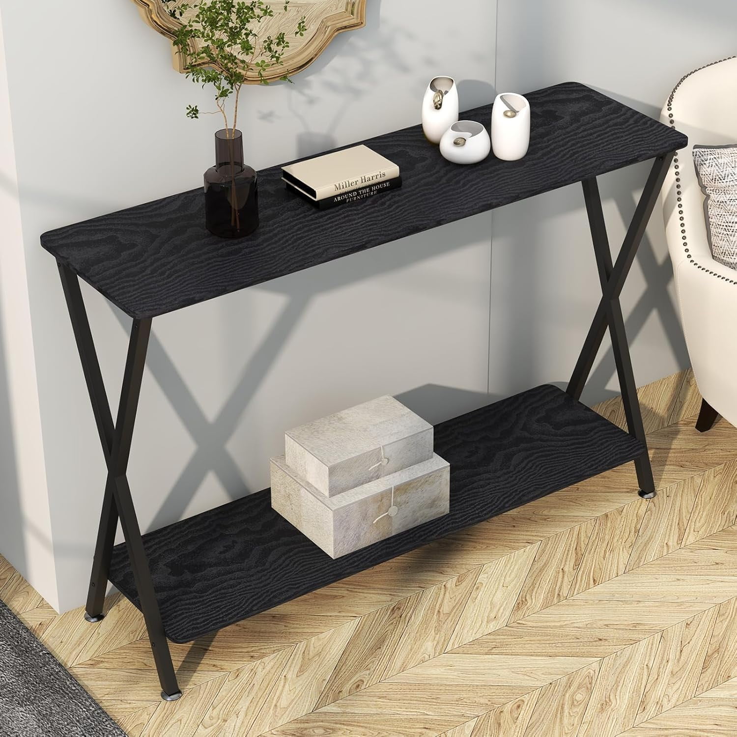 NEILA Narrow Console Table, 2-Tier Farmhouse Sofa Table with Shelves ...