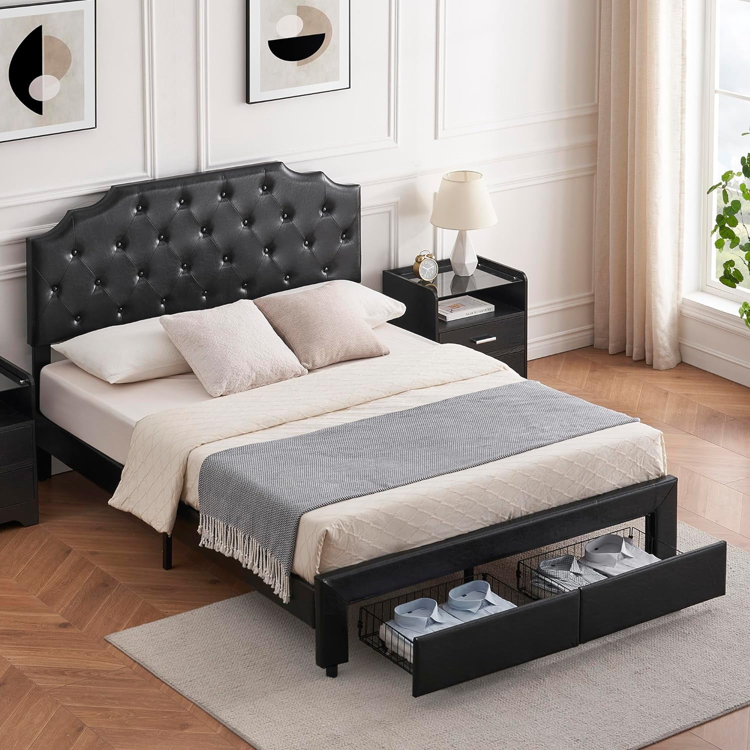 NEILA Queen Size Bed Frame with 2 Storage Drawer PU Leather Upholstered ...