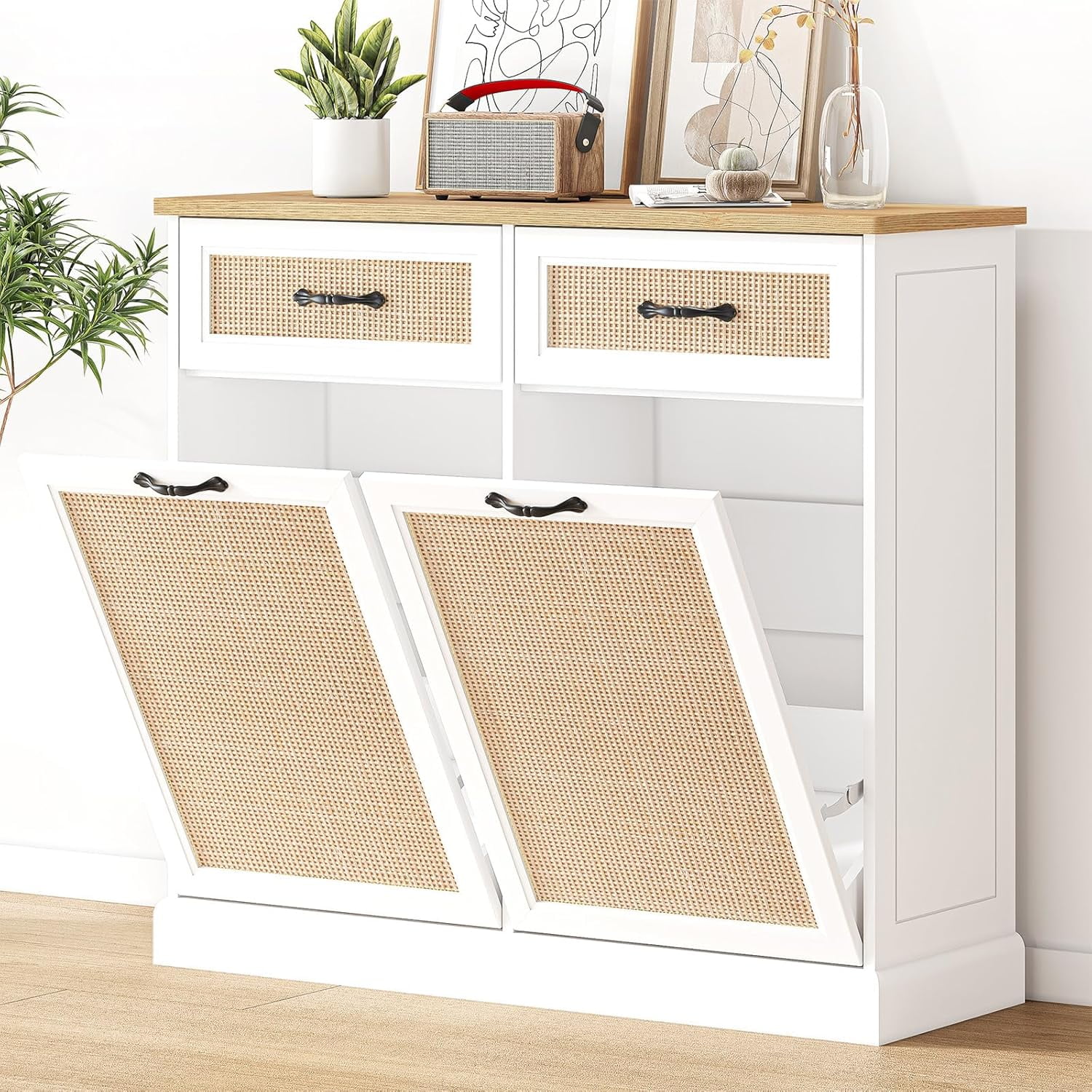 NEILA Rattan Double Trash Cabinet, Tilt Out Trash Can Cabinet with 20 ...