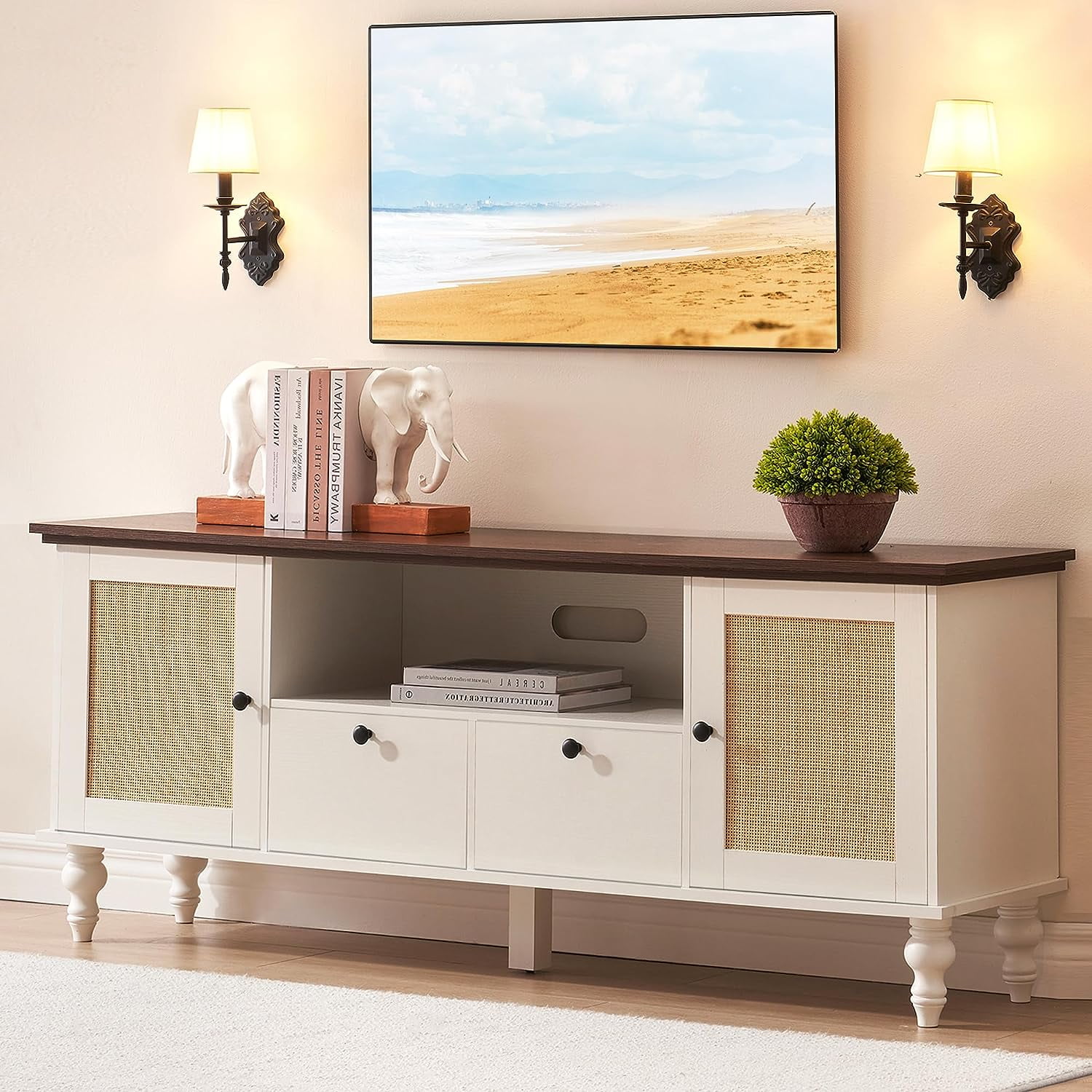 NEILA TV Stand for 70 Inch TV, Rattan Entertainment Center TV Media ...