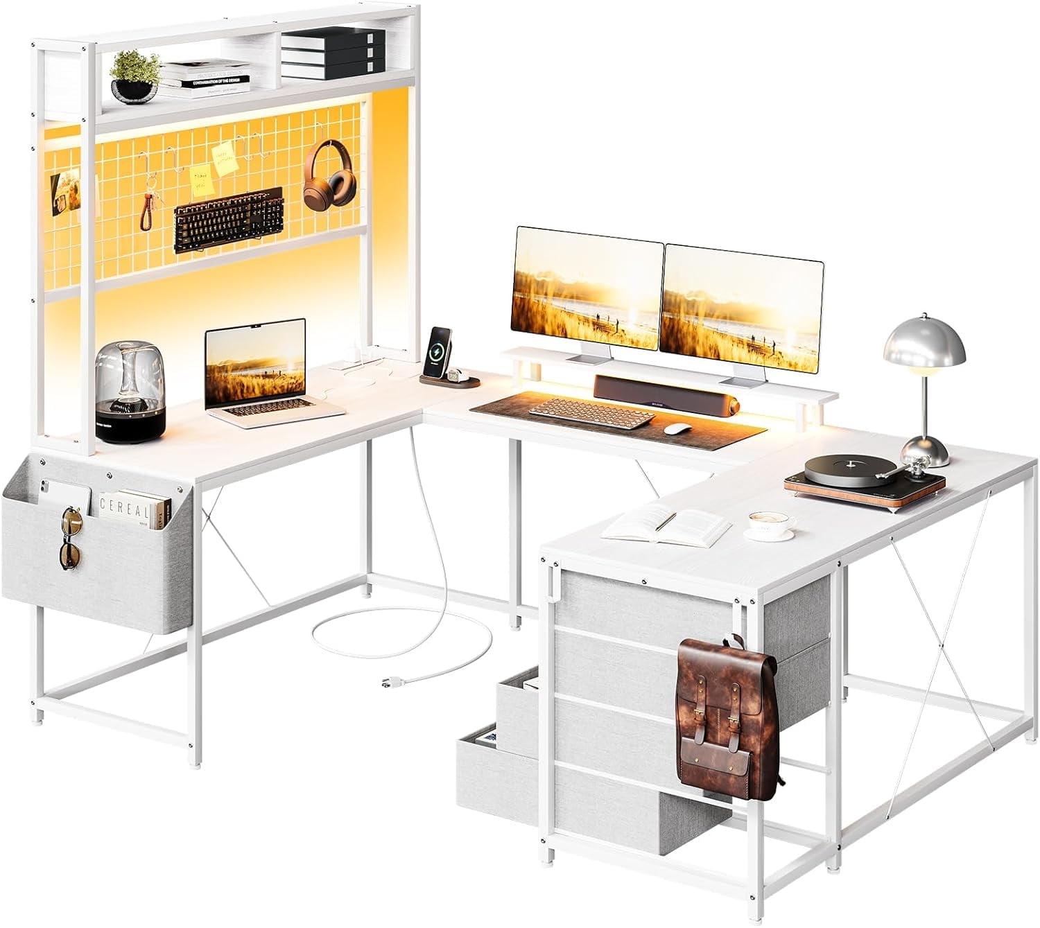 NEILA White U-Shaped Desk with Power Outlets & RGB LED Lights – 79 ...