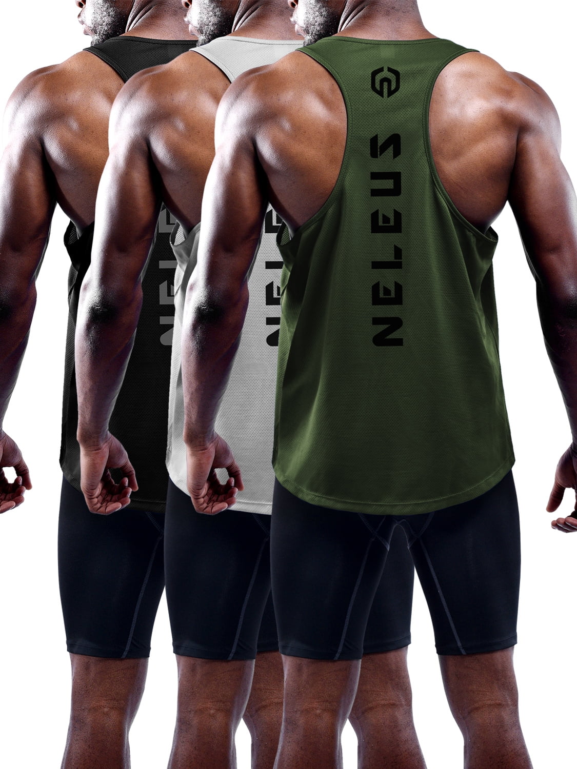Neleus Mens Muscle Tank Top Y-Back Sleeveless 3 Pack Black Gray Olive ...