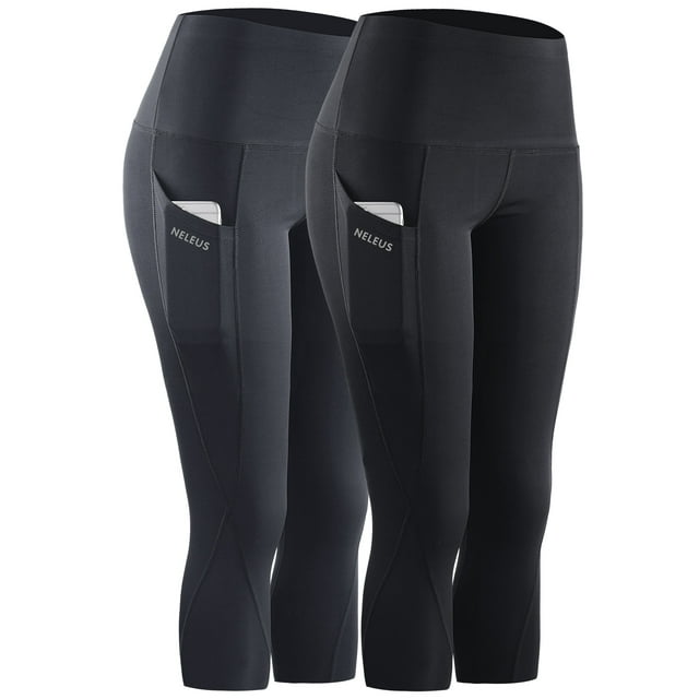 Neleus High Waist Tummy Control Capri Yoga Leggings With Pocket Black