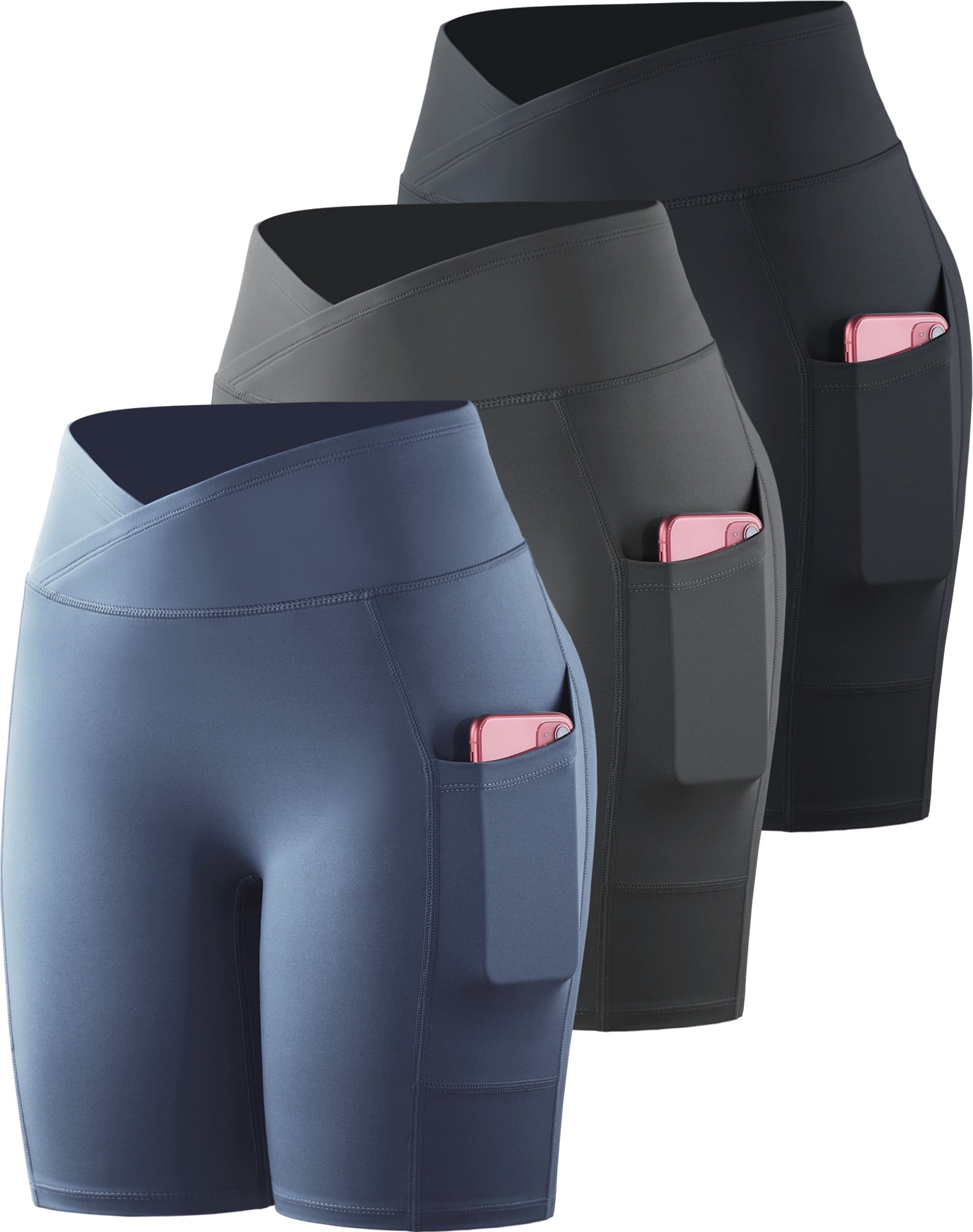 NELEUS Womens V Cross Waist Spandex Shorts for Yoga Athletic Bike with Pockets,Black+Gray+Navy ...