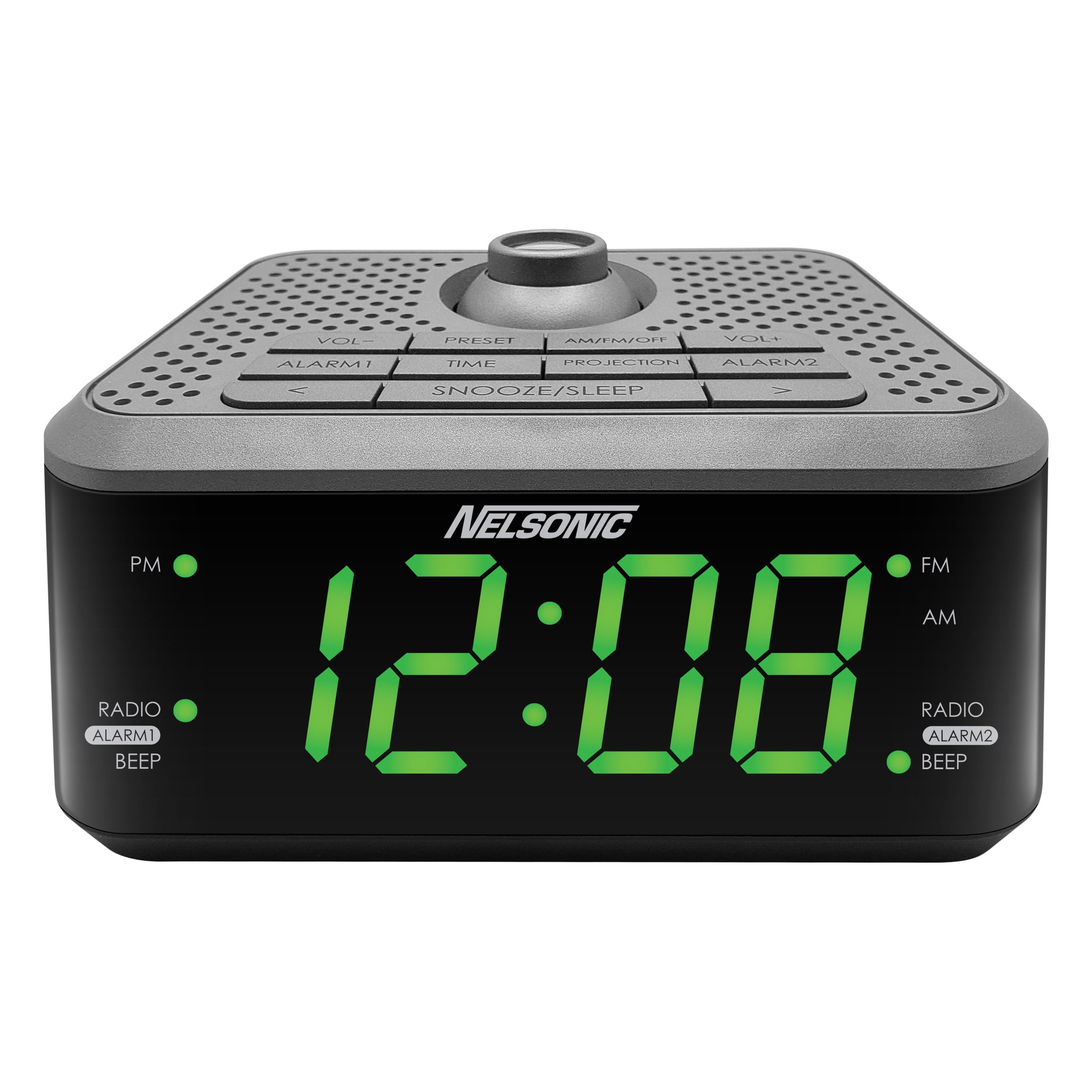 NELSONIC AM/FM Projection Dual Alarm Clock Radio, Black and Silver with ...