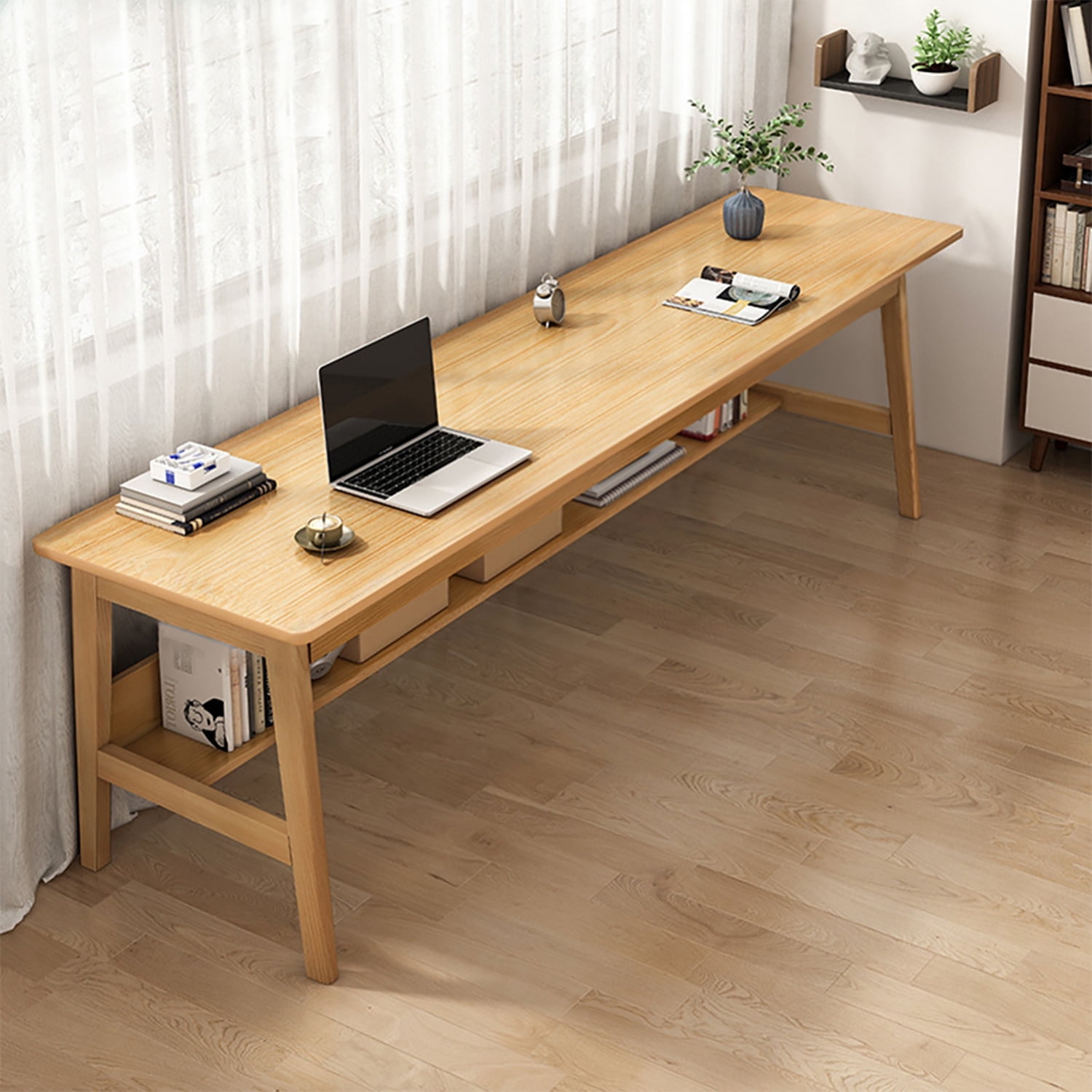 NELYE 71in Oak Home Office Desk-2 Person Workstation with Storage Shelf ...