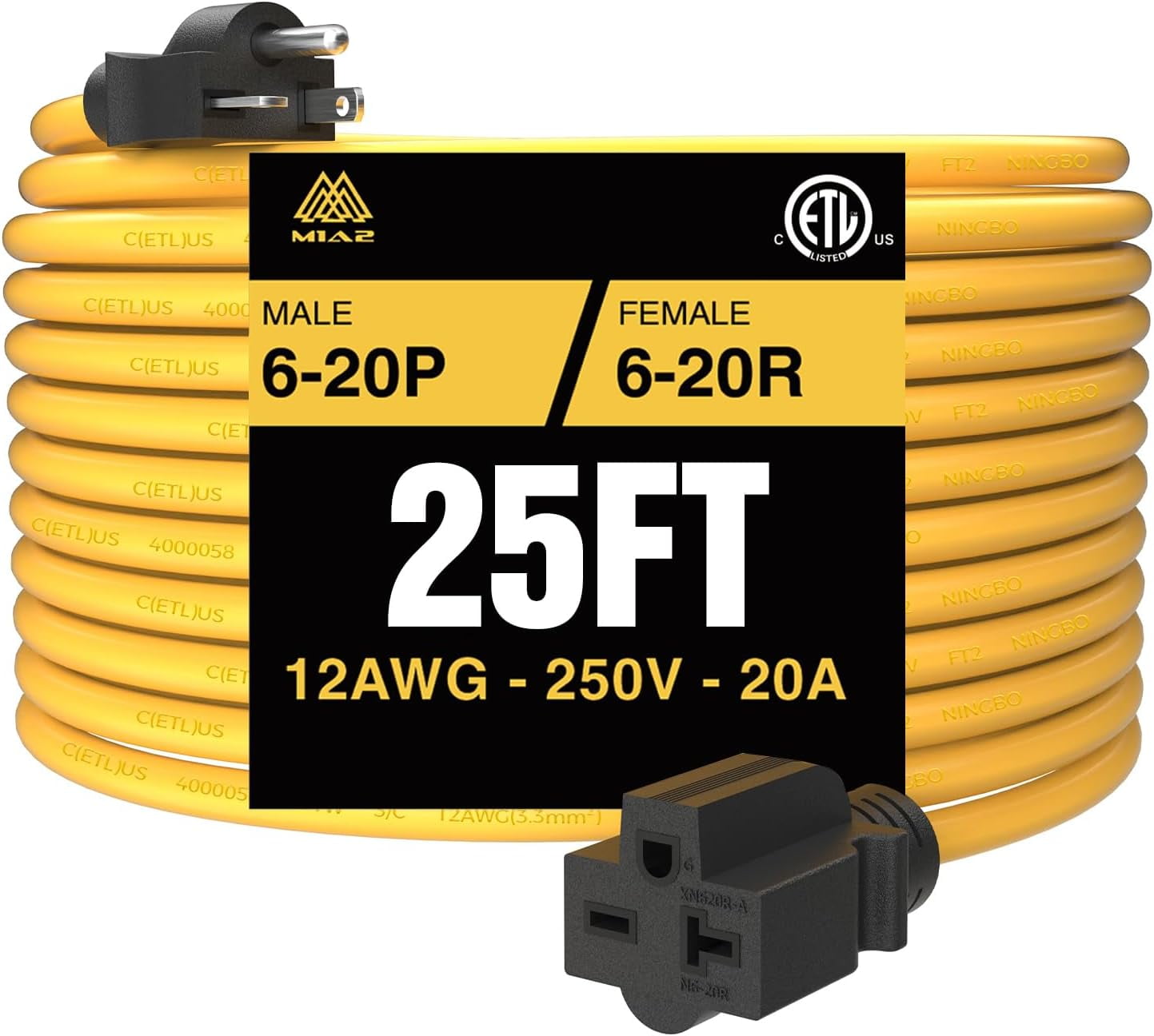 NEMA 6-20P to 6-20R 25FT Extension Cord, for Telsa Mobile EV Level 2 ...