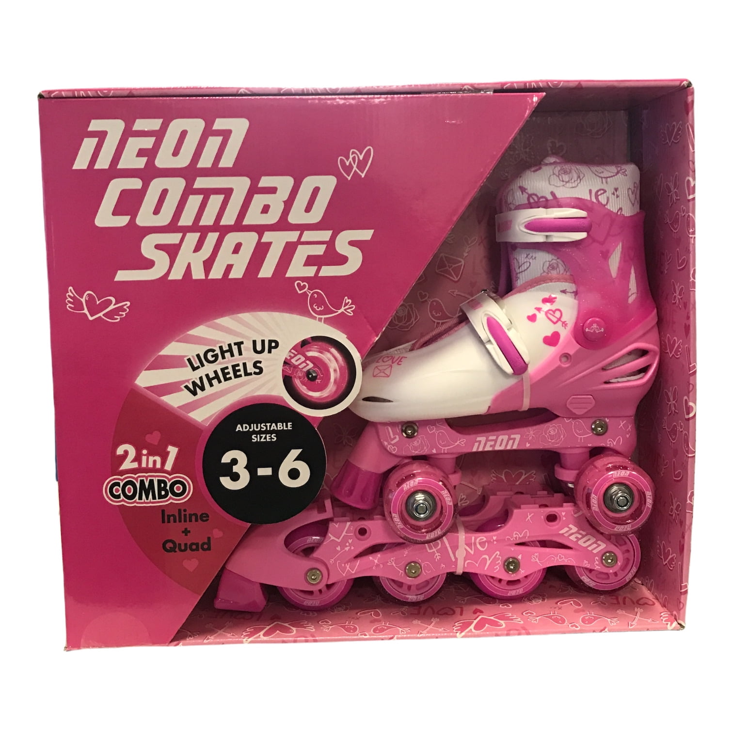 NEON 2-in-1 Combo Skates with LED Light-up Wheels, Quick Release (Pink ...