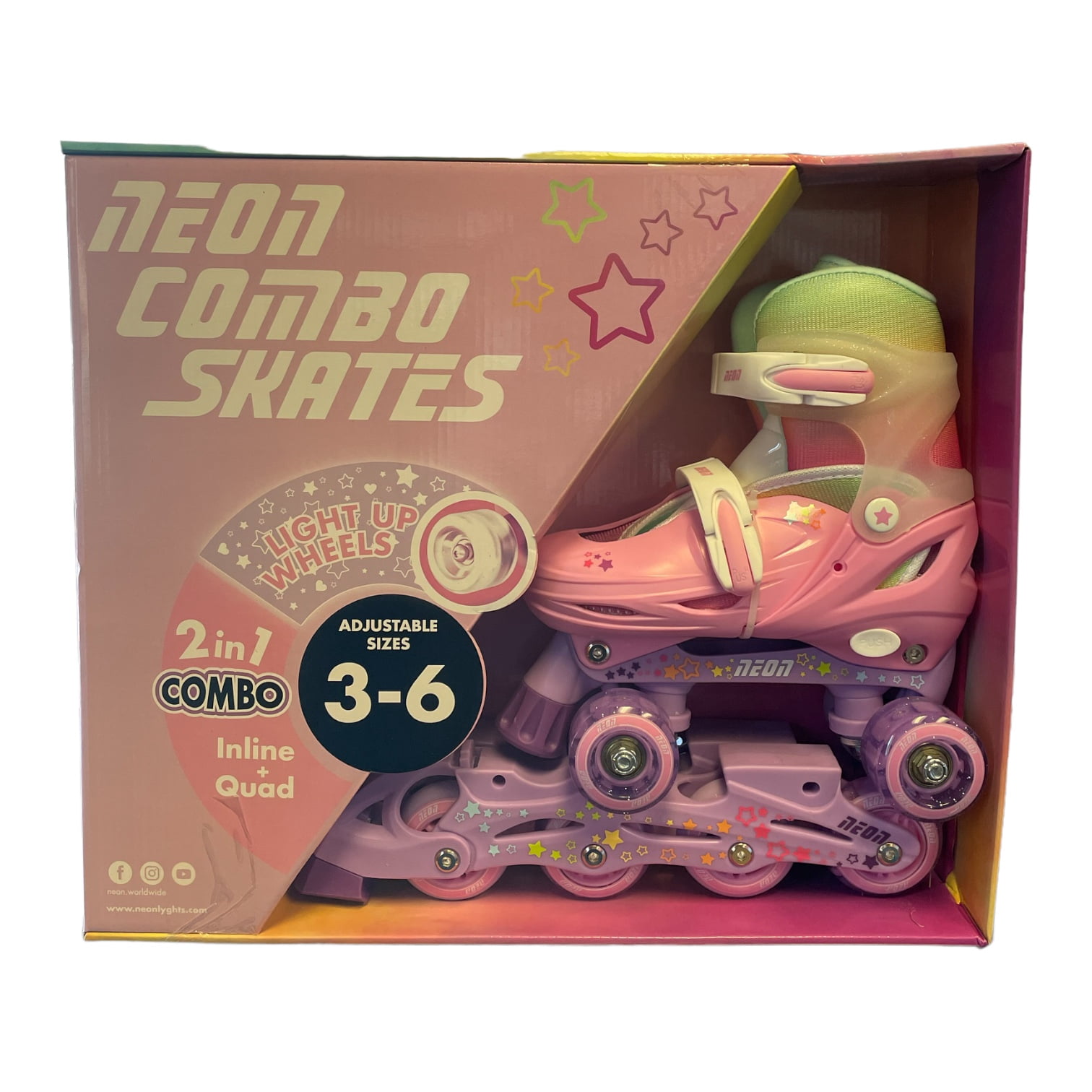 NEON 2-in-1 Combo Skates with Light-up Wheels, Rainbow Pink, Adjustable ...
