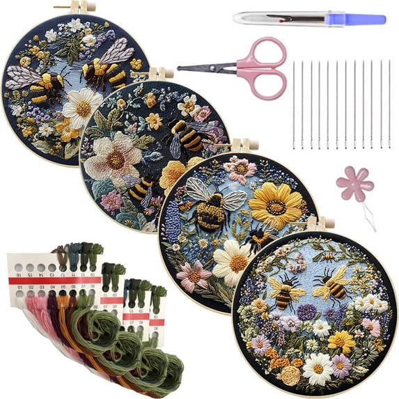 NEONWE 4 Pack Bee Embroidery Kit for Beginners Adult Cross Stitch Kits ...