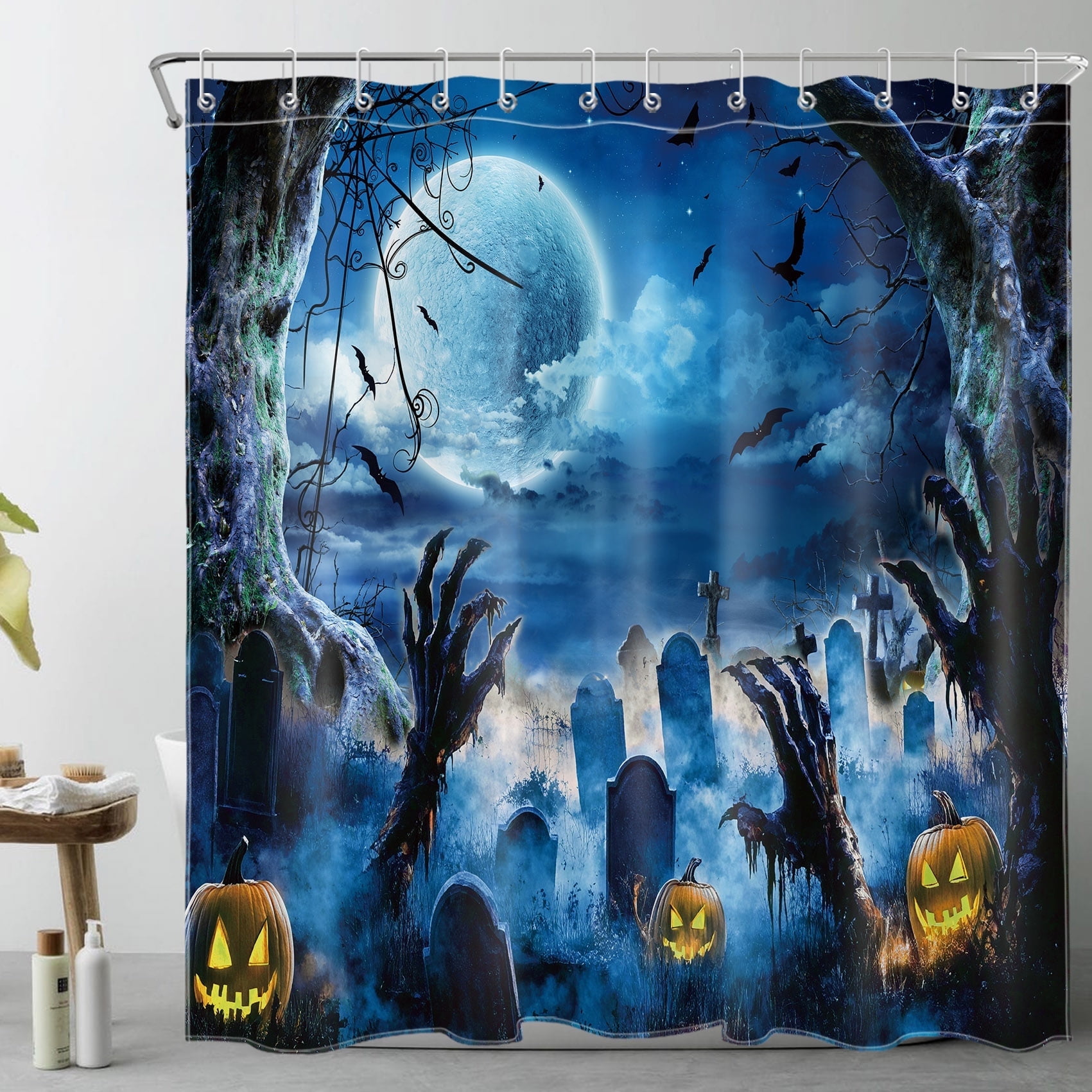 NEONWE Blue Halloween Shower Curtain, Horror Graveyard Spooky Orange ...