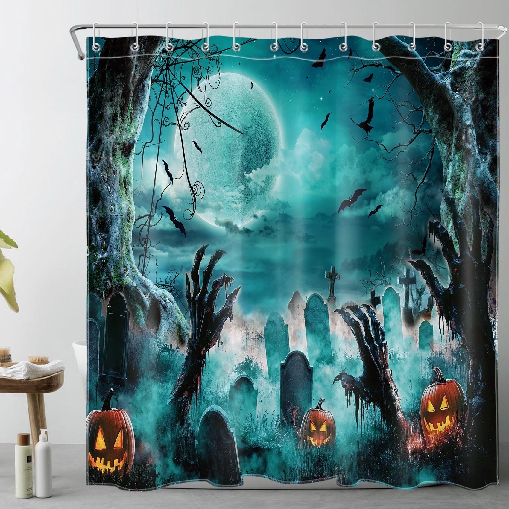 NEONWE Green Halloween Shower Curtain, Horror Graveyard Spooky Orange ...