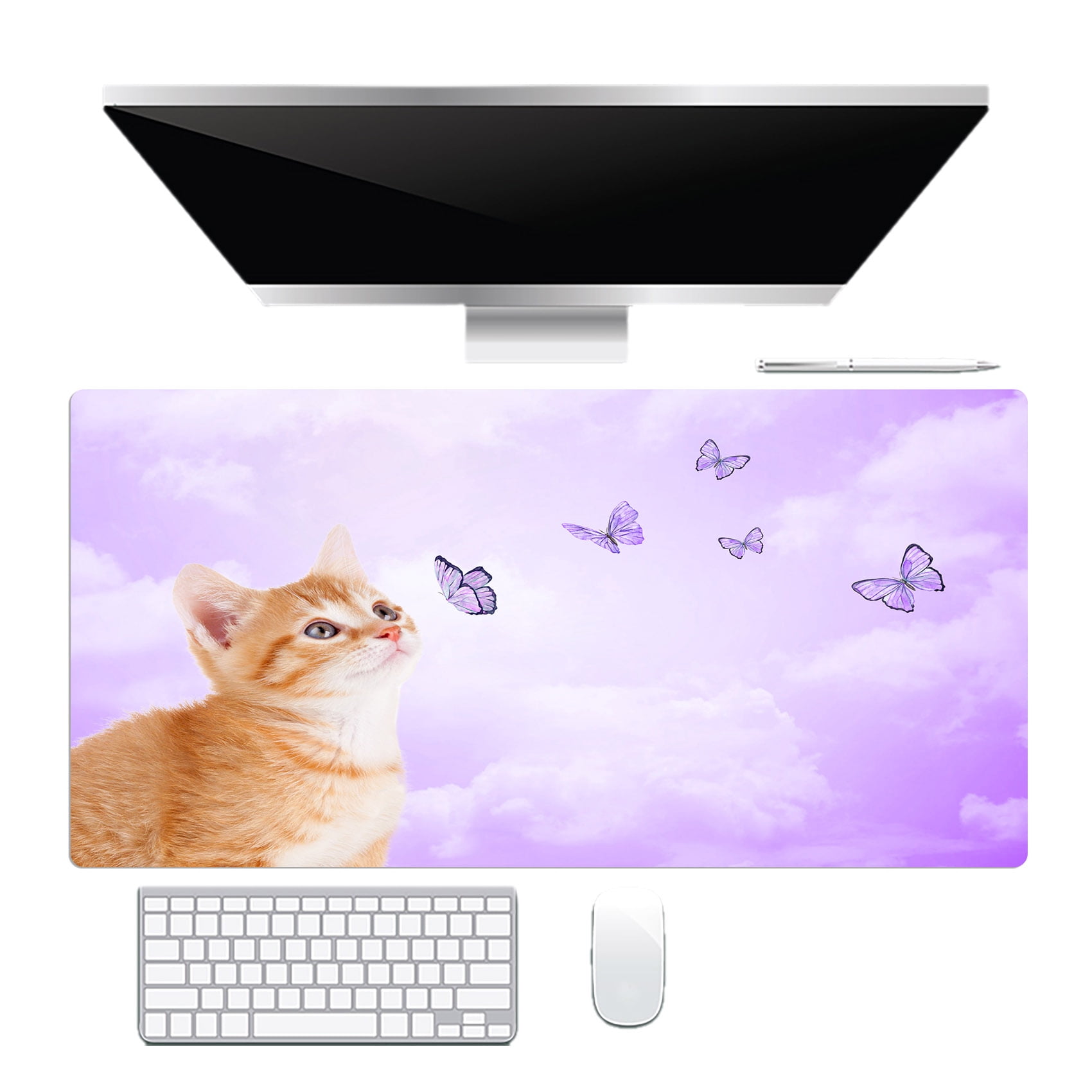 NEONWE Purple Gaming Mouse Pad Cute Funny Cat Purple Butterfly Cloud ...
