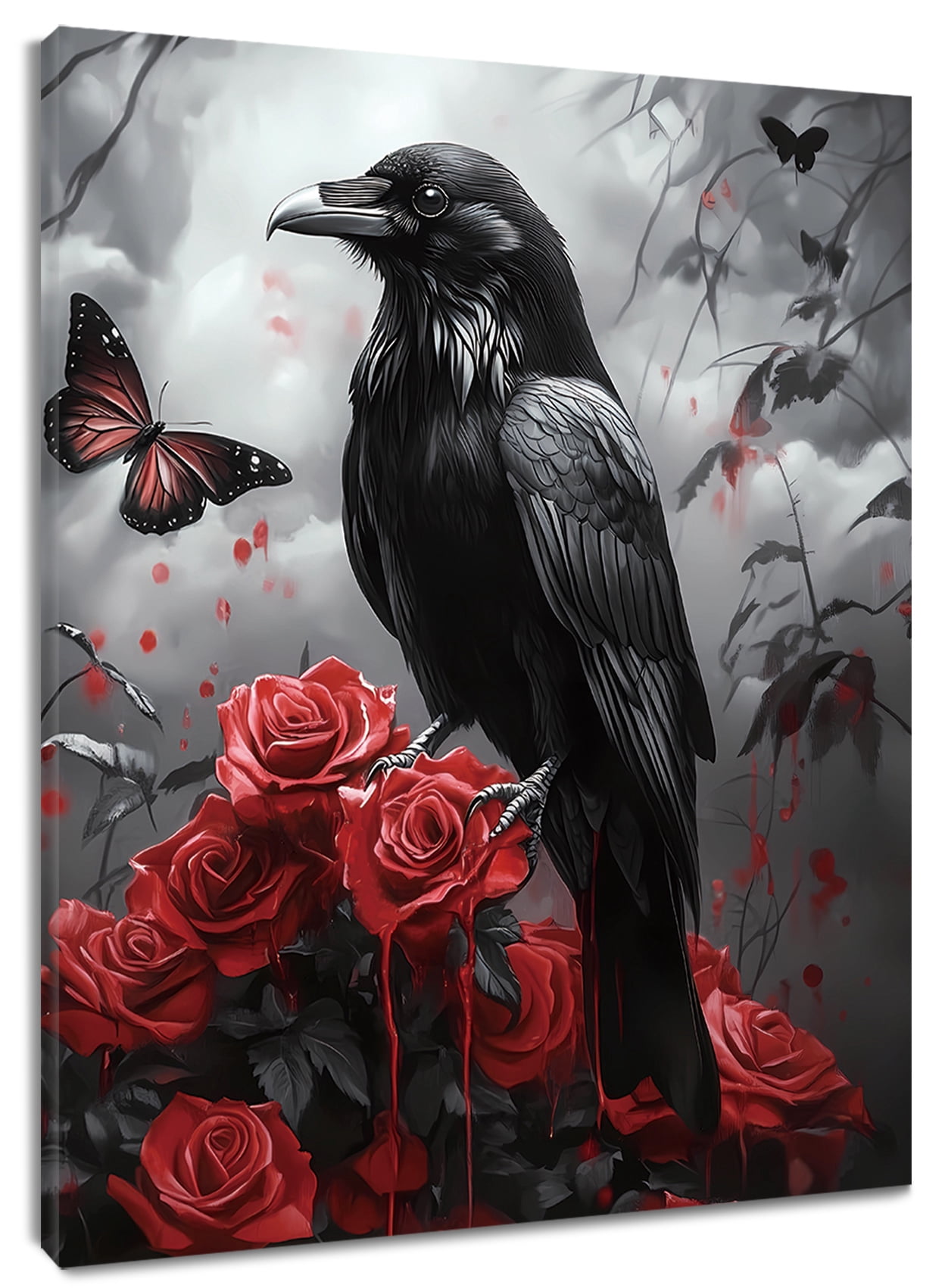 NEONWE Vintage Crow Canvas Wall Art Black Crow Red Rose Flowers Gothic ...