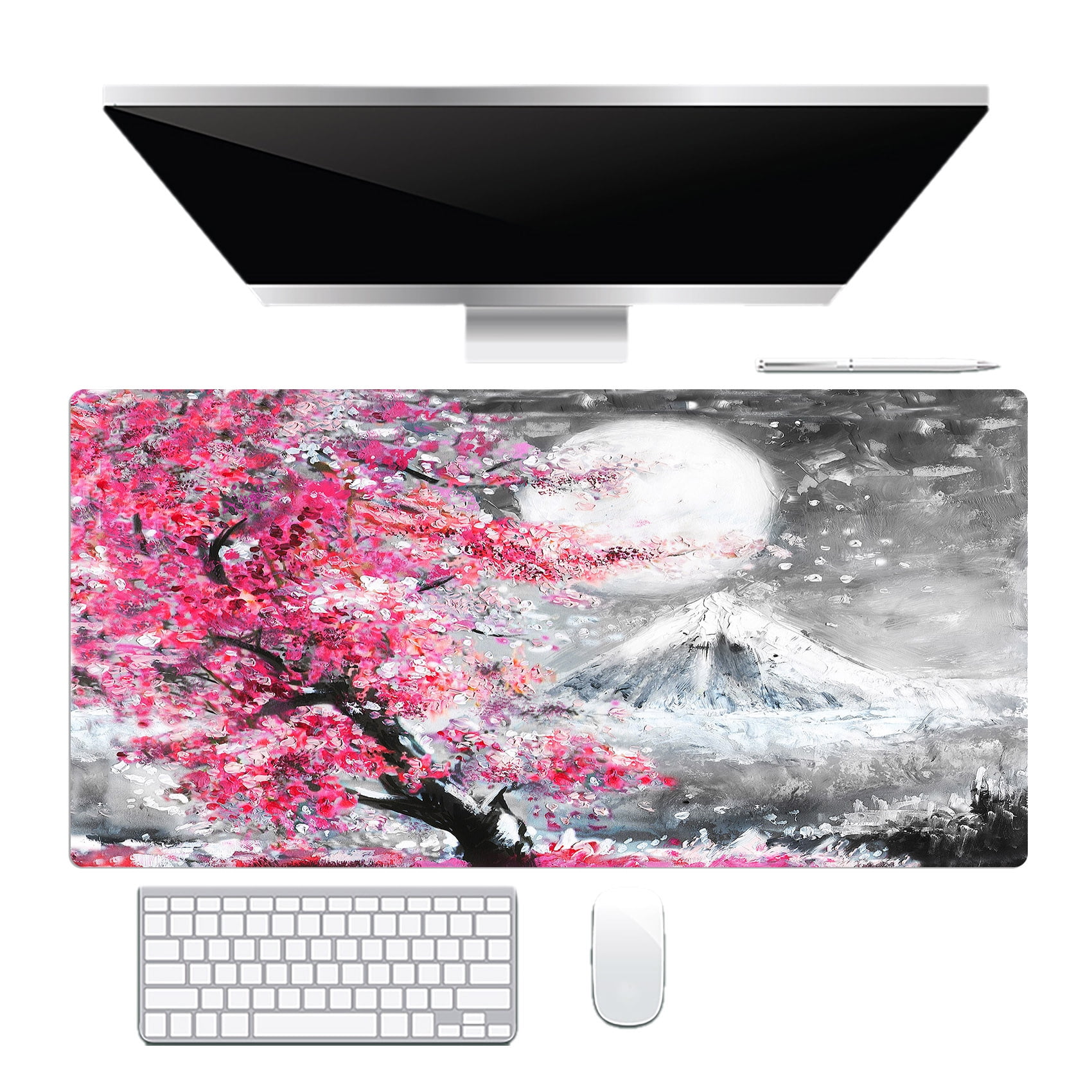 NEONWE Watercolor Cherry Blossom Gaming Mouse Pad Japanese Full Moon ...