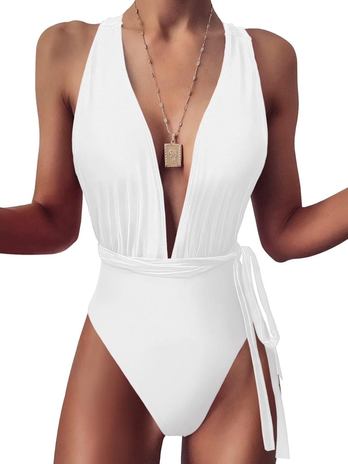NEREID Sexy Tie Criss Cross Plunge One Piece Thong Swimsuit High Cut ...