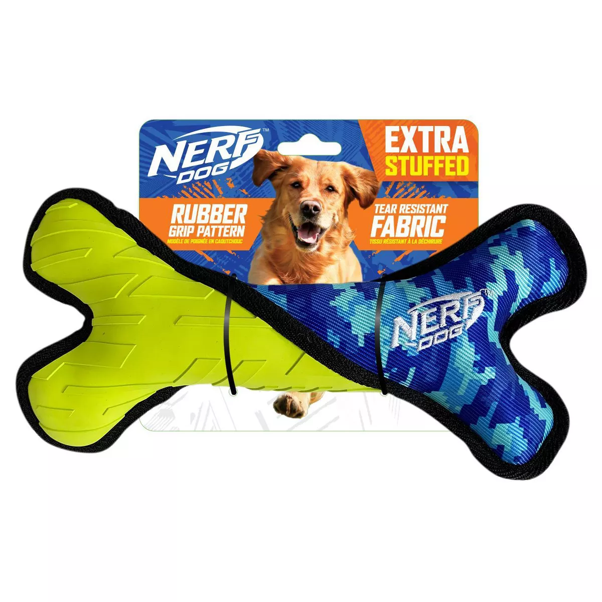 Nerf Tuff Rubber Nylon Plush Bone Filled Dog Toy, Green Blue, 11 Inch ...
