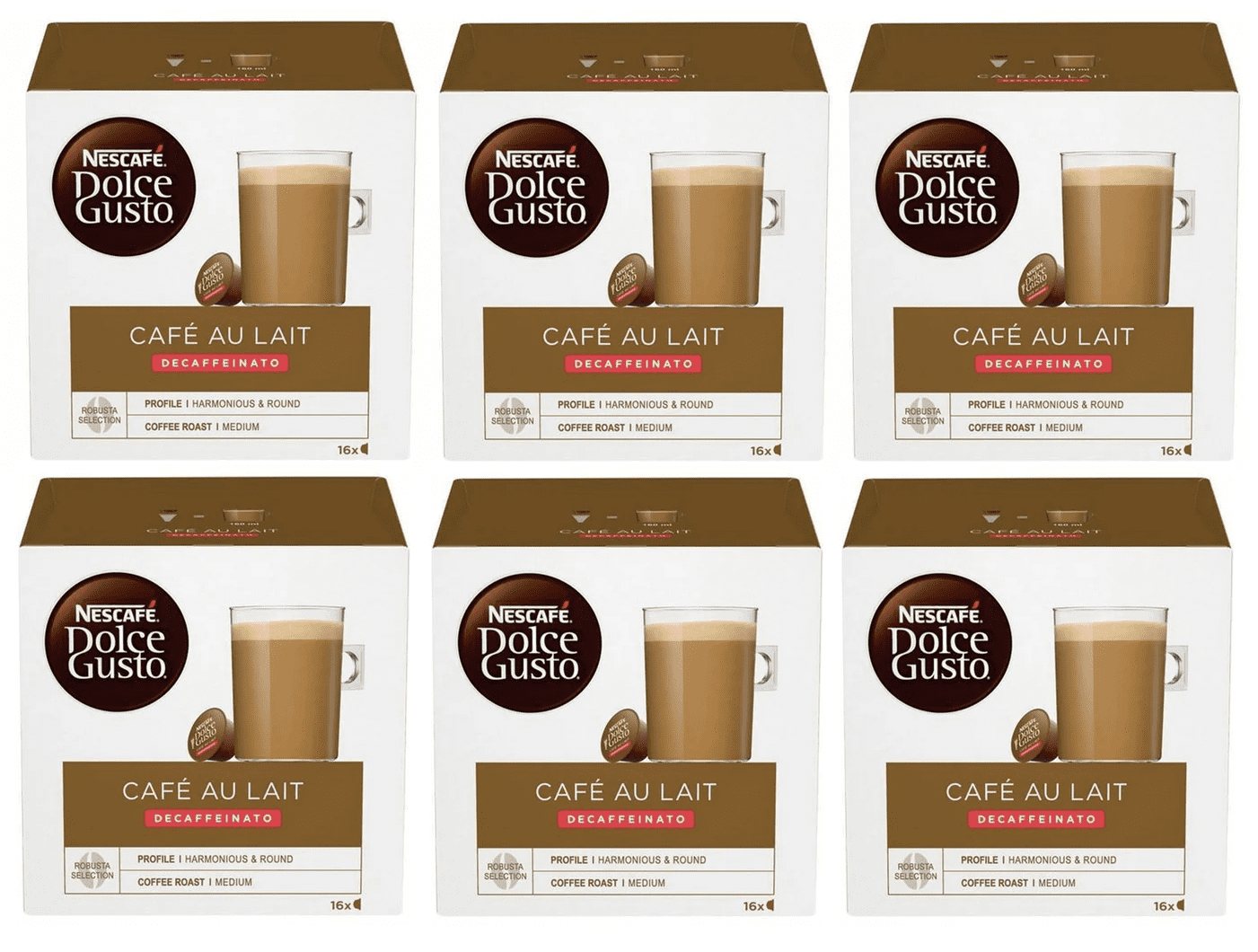NESCAFE DOLCE GUSTO Cafe Au Lait Decaf Coffee Pods x16 (Pack of 6 ...