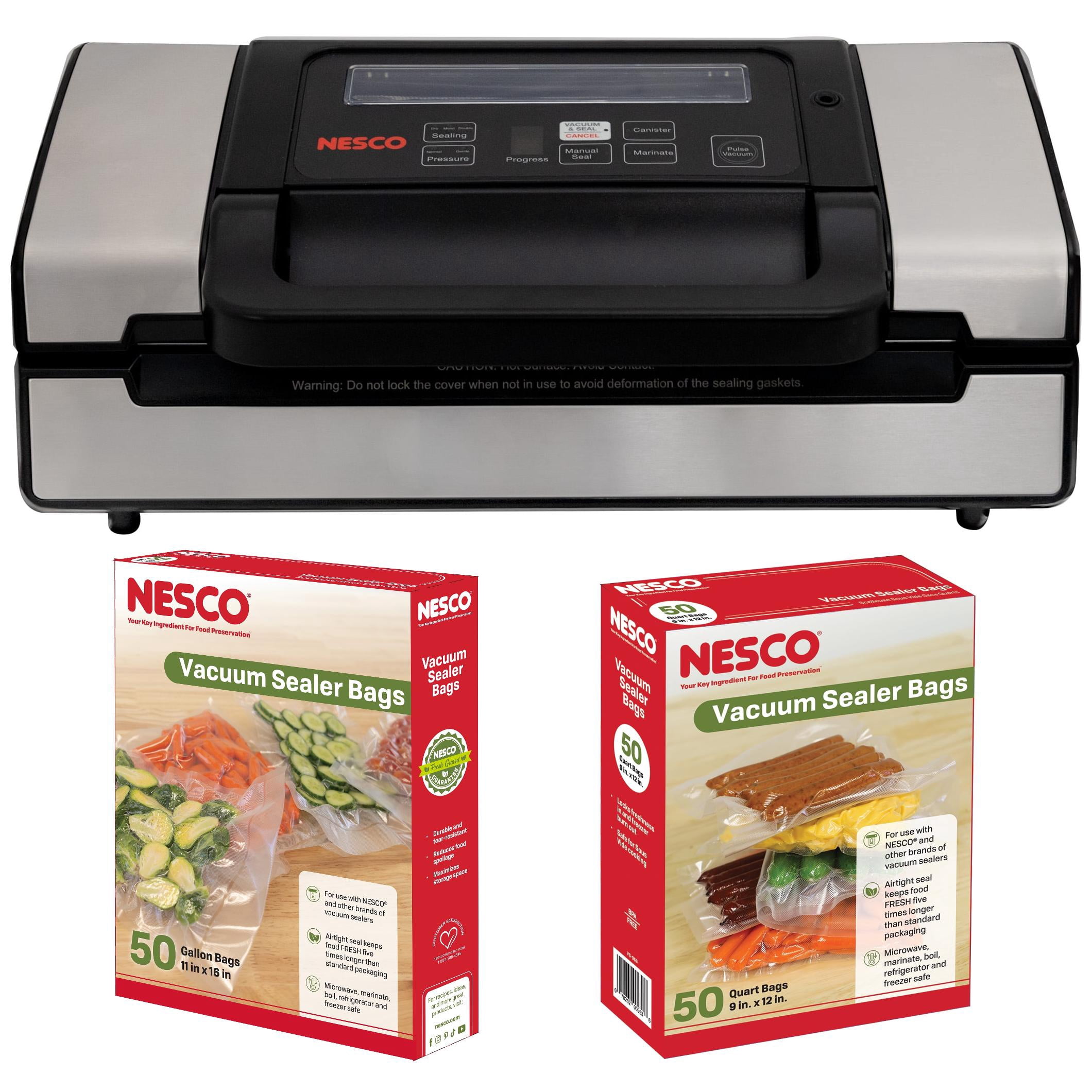NESCO® VS-12 Deluxe Vacuum Sealer & 100 Pre-Cut Bags Bundle, Heavy-Duty ...