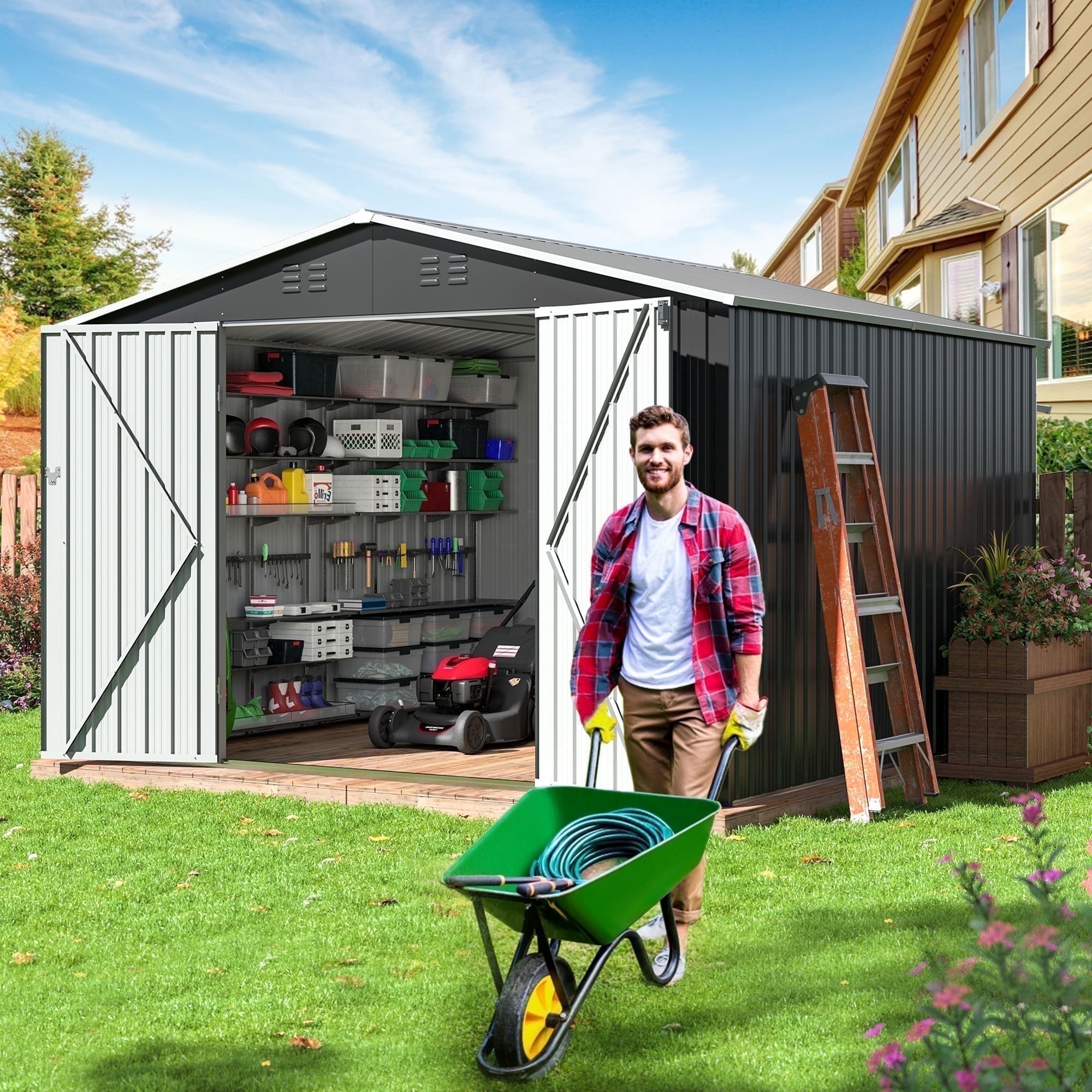 NETAJE 10'x10' Outdoor Metal Shed with Updated Frame, Lockable Doors ...