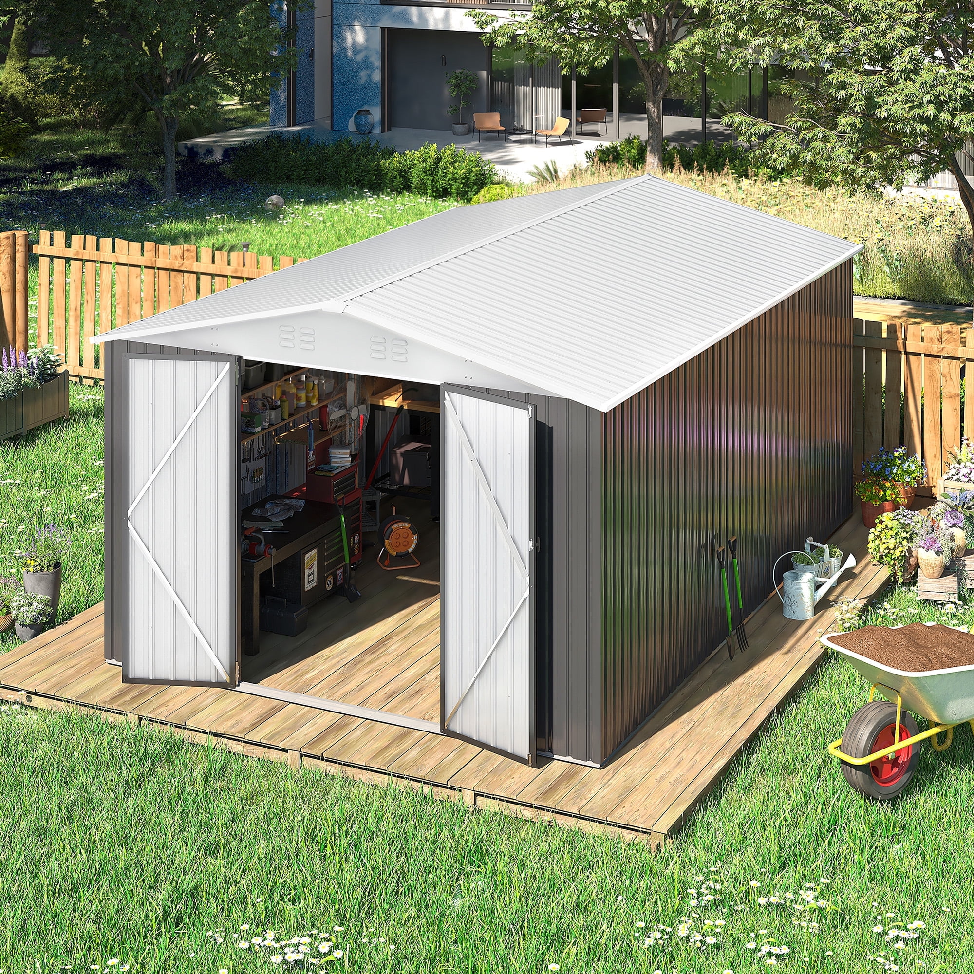 NETAJE 10'x14' Outdoor Metal Shed with Updated Frame, Lockable Doors ...