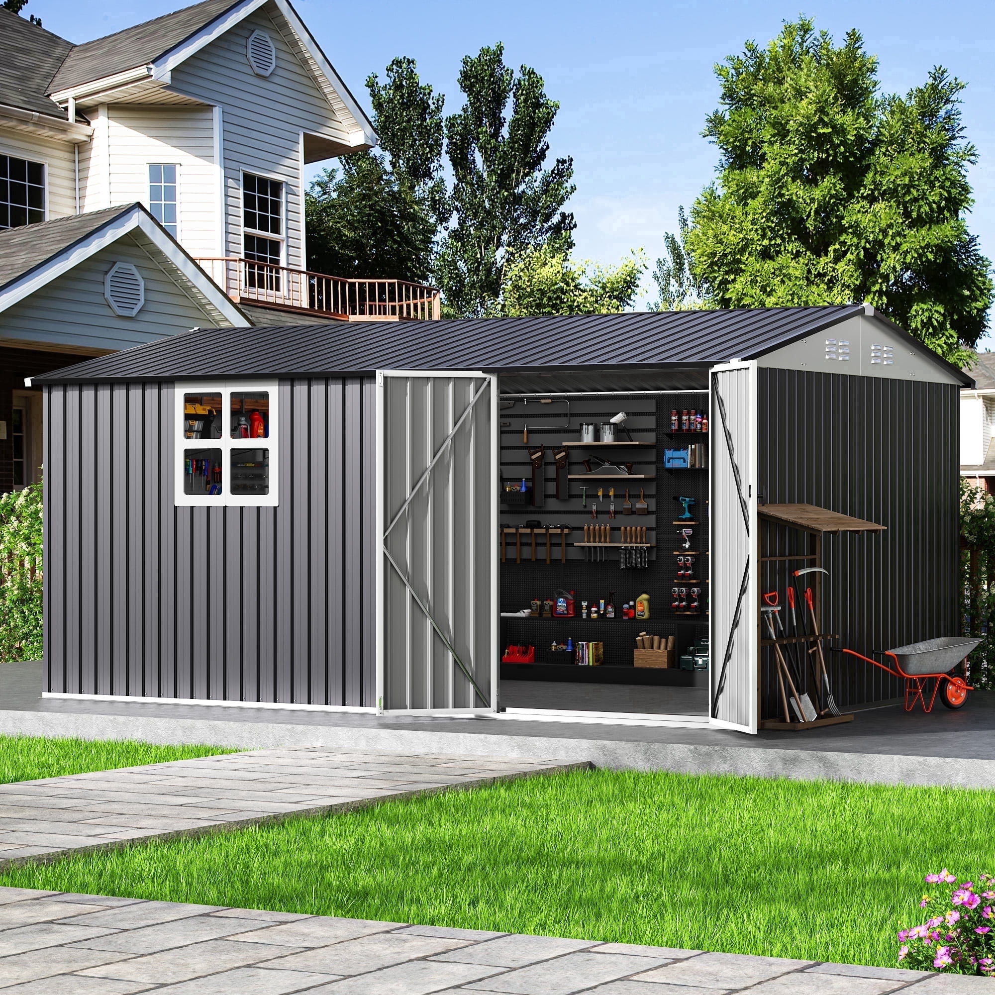 NETAJE 10'x14' Outdoor Metal Storage Garden Shed with Window, Lockable ...