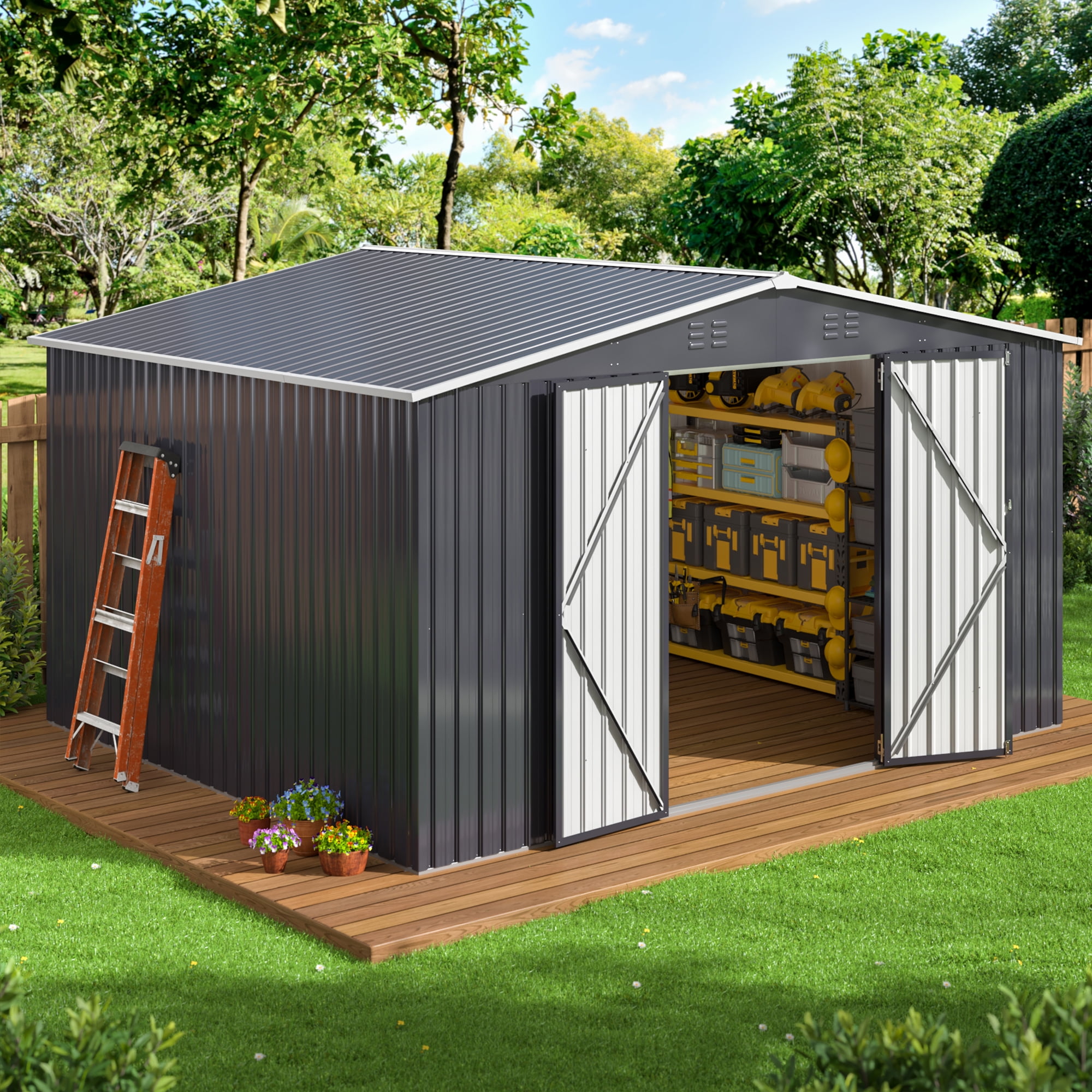 NETAJE 10x12ft Outdoor Metal Storage Shed with Updated Frame Structure ...