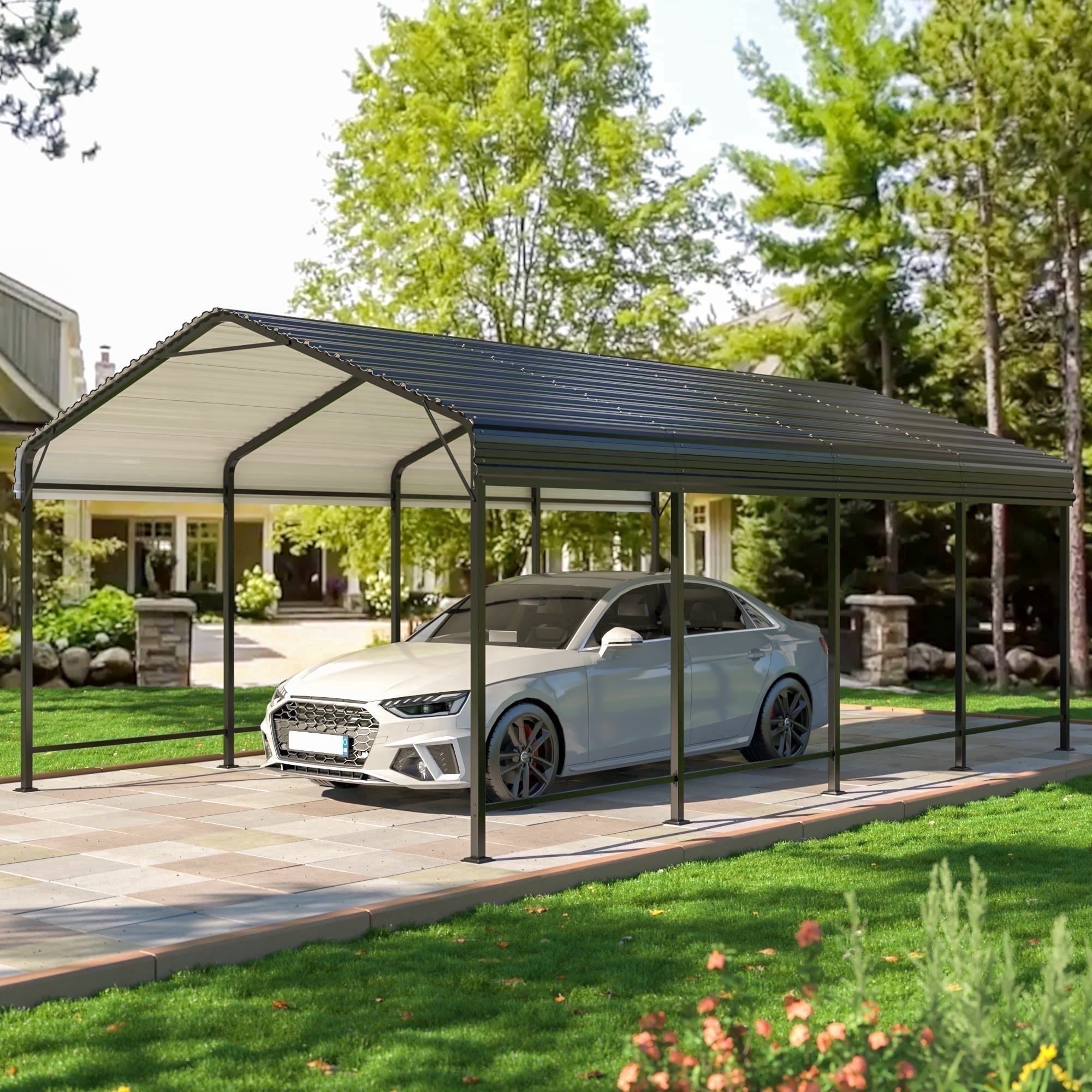 NETAJE 20'x12' Outdoor Heavy-Duty Metal Carport with Enhanced Base ...