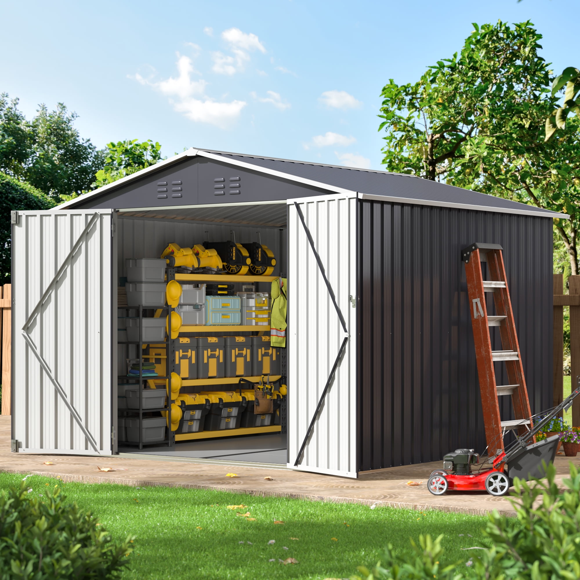 NETAJE 8'x8' Outdoor Metal Storage Shed with Plastic Floor, Galvanized ...