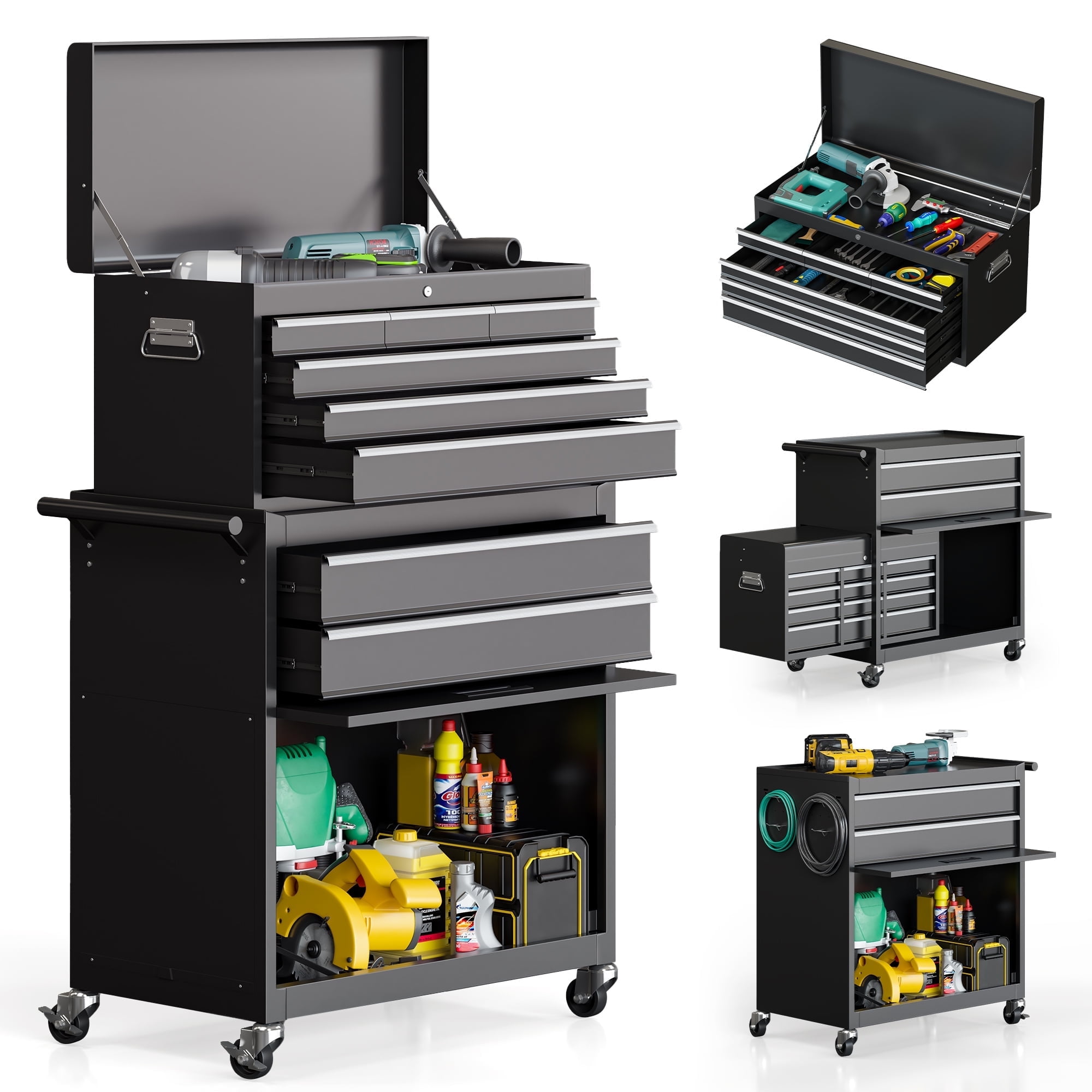 NETAJE Metal Tool Chest, 2 in 1 Steel Rolling Tool Box & Cabinet On ...