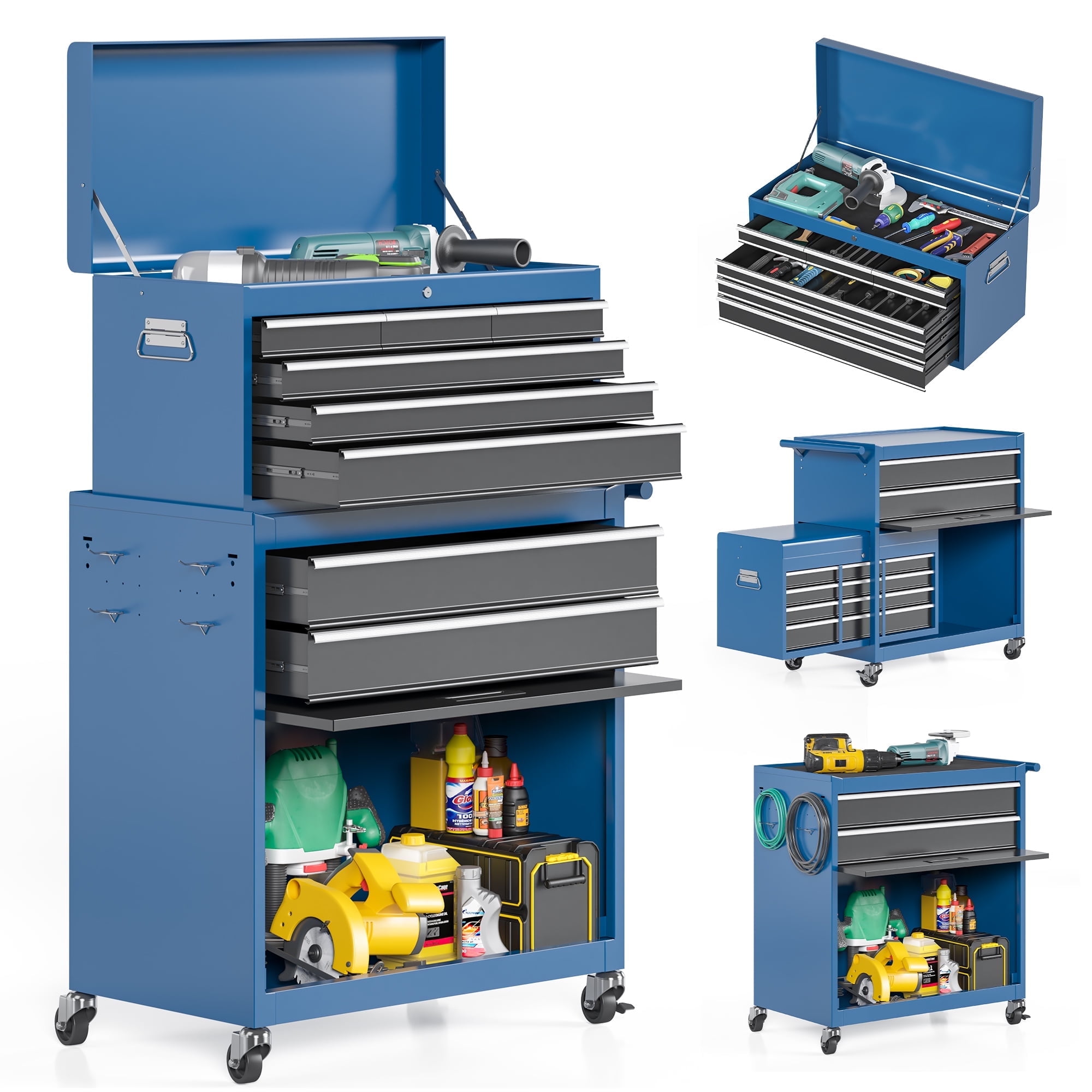 NETAJE Metal Tool Chest, 2 in 1 Steel Rolling Tool Box & Cabinet On ...