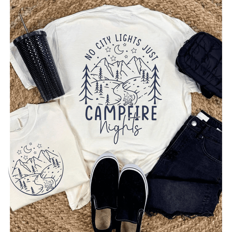 NETECOM Campfire Nights Shirt, No City Lights Just Stars Tee, Cute Camping Graphic T-Shirt, Cozy ...