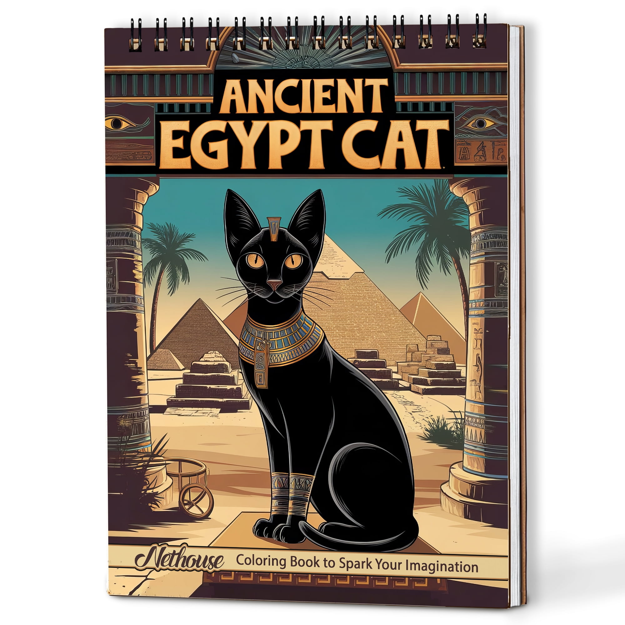 NETHOUSE Ancient Egypt Cat Coloring Book for Adults Relaxation & Stress Relief, A5 Wooden Cover ...
