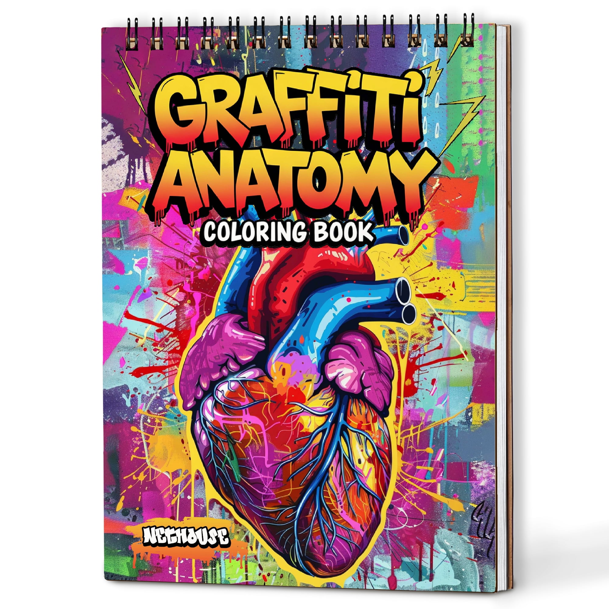 NETHOUSE Graffiti Anatomy Spiral Coloring Book for Adults, A5 Wooden Cover, 30 Coloring Pages of ...