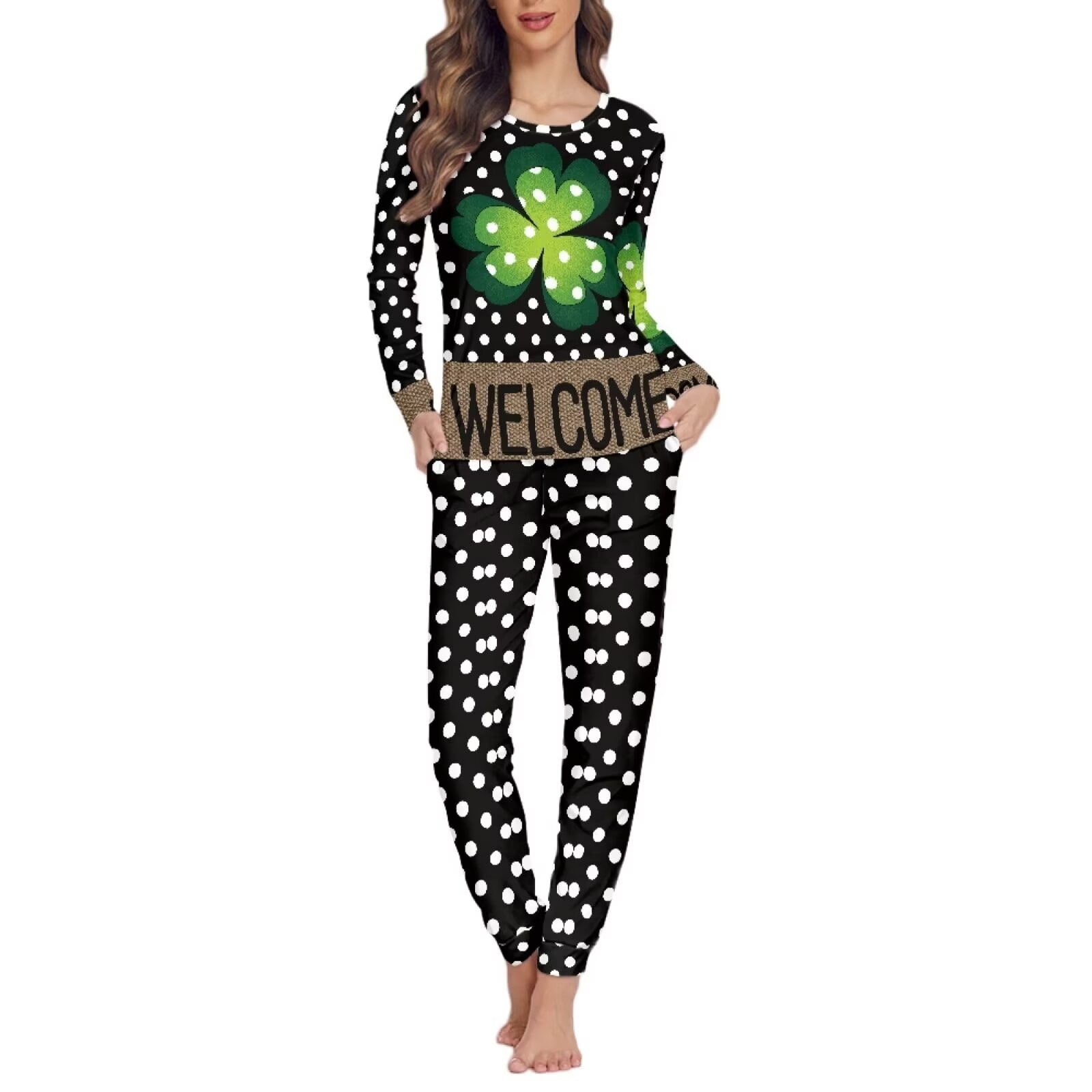 NETILGEN 2 Pack Pjs Set for Women & Green Leaves Pattern, Loose Fitting ...