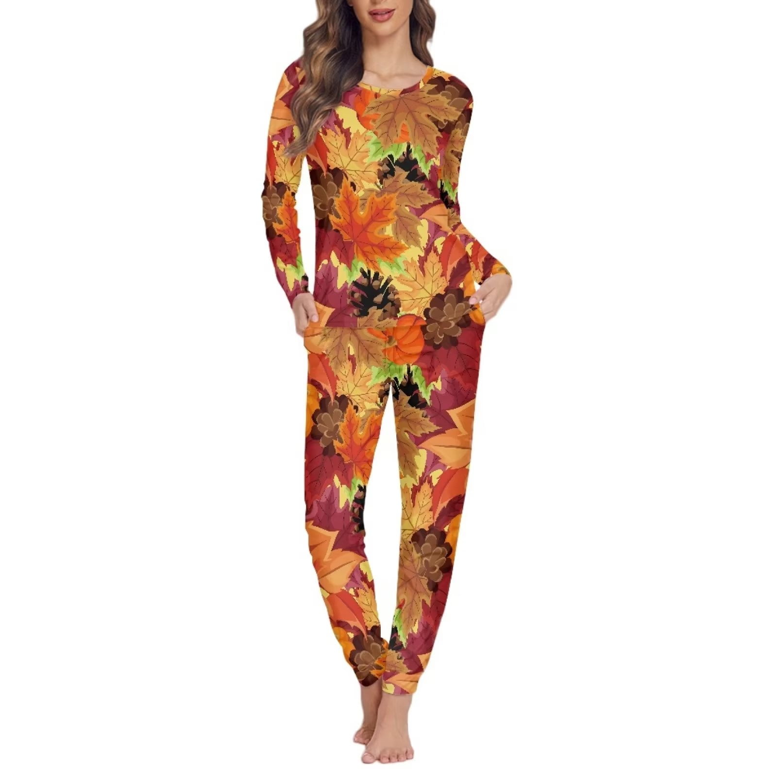 NETILGEN 2 Pieces Fall Falling Marple Leaves Nightwear for Women ...