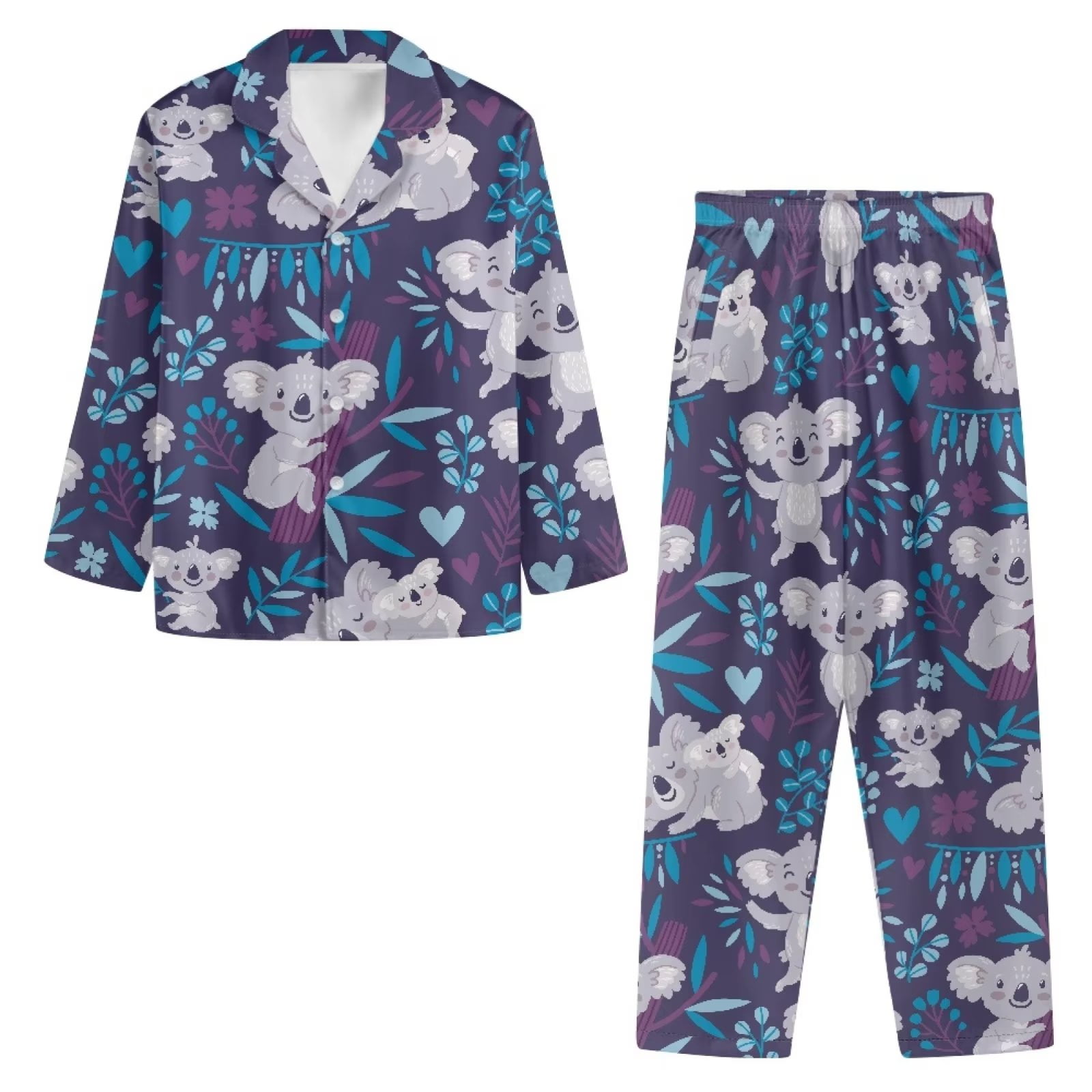 NETILGEN 2 Pieces Set Leaves Koala Button Down V-Neck Pj Tops for Women, Long Sleeve Button Up ...