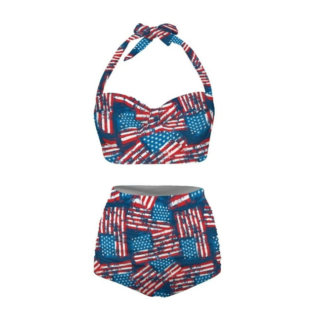 Netilgen American Flag Print Women Swimsuits 2 Piece Set Tankini Comfortable Halter Tankini