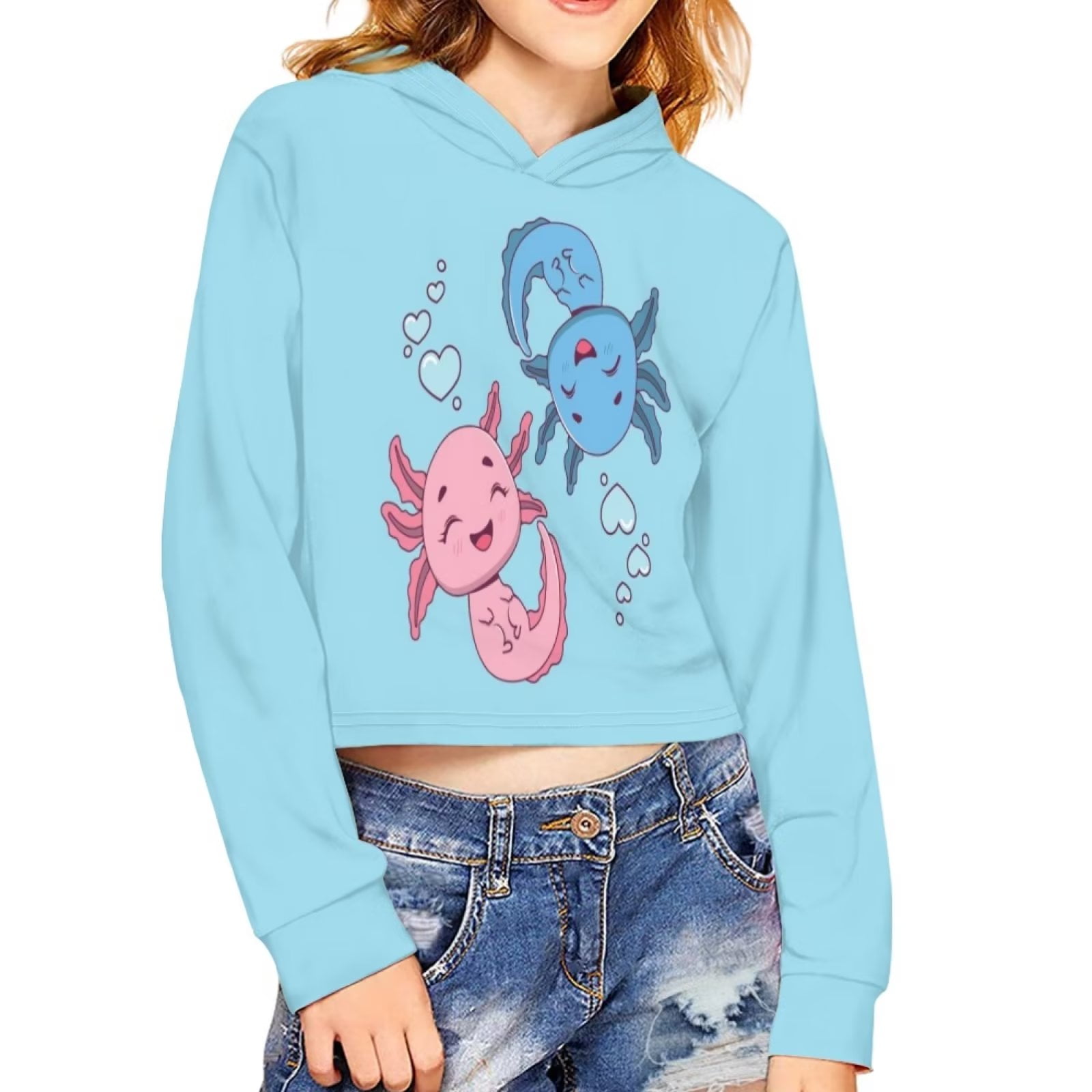 NETILGEN Axolotls Couple Girls Cropped Hoodies for Kids, Round Neck / Drop Shoulder Hooded ...