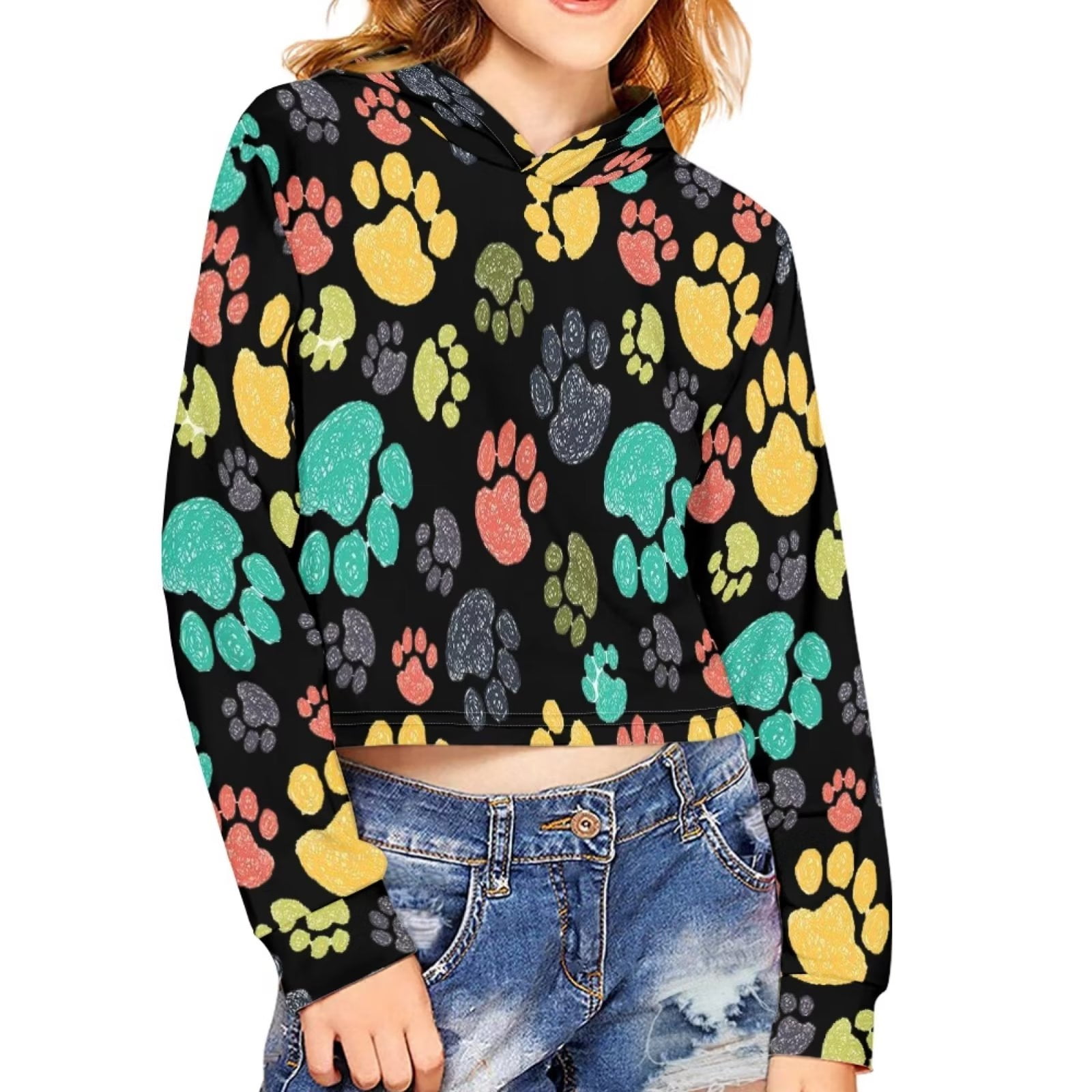 NETILGEN Colorful Dog Paw Print Graphic Crop Top Hoodies for Kids, Fall ...