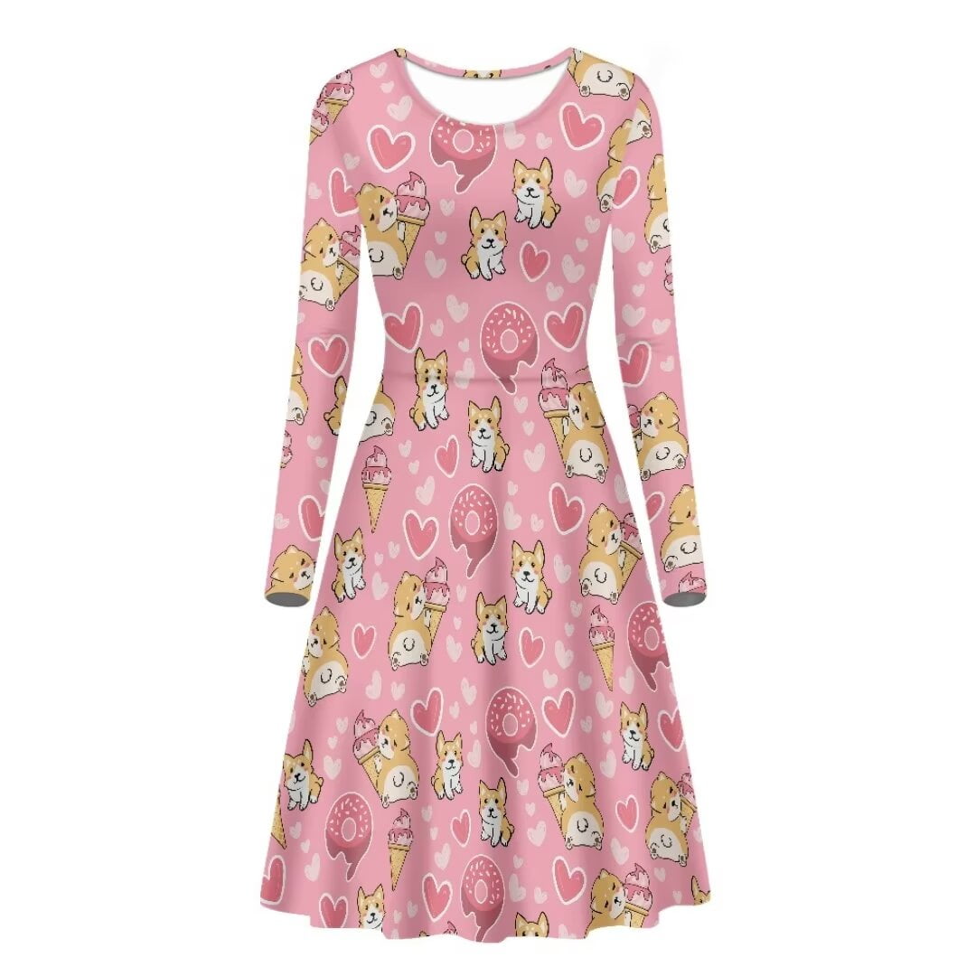 NETILGEN Doughnut & Heart Corgi Woman Dresses Elegant Causal Midi Dress ...