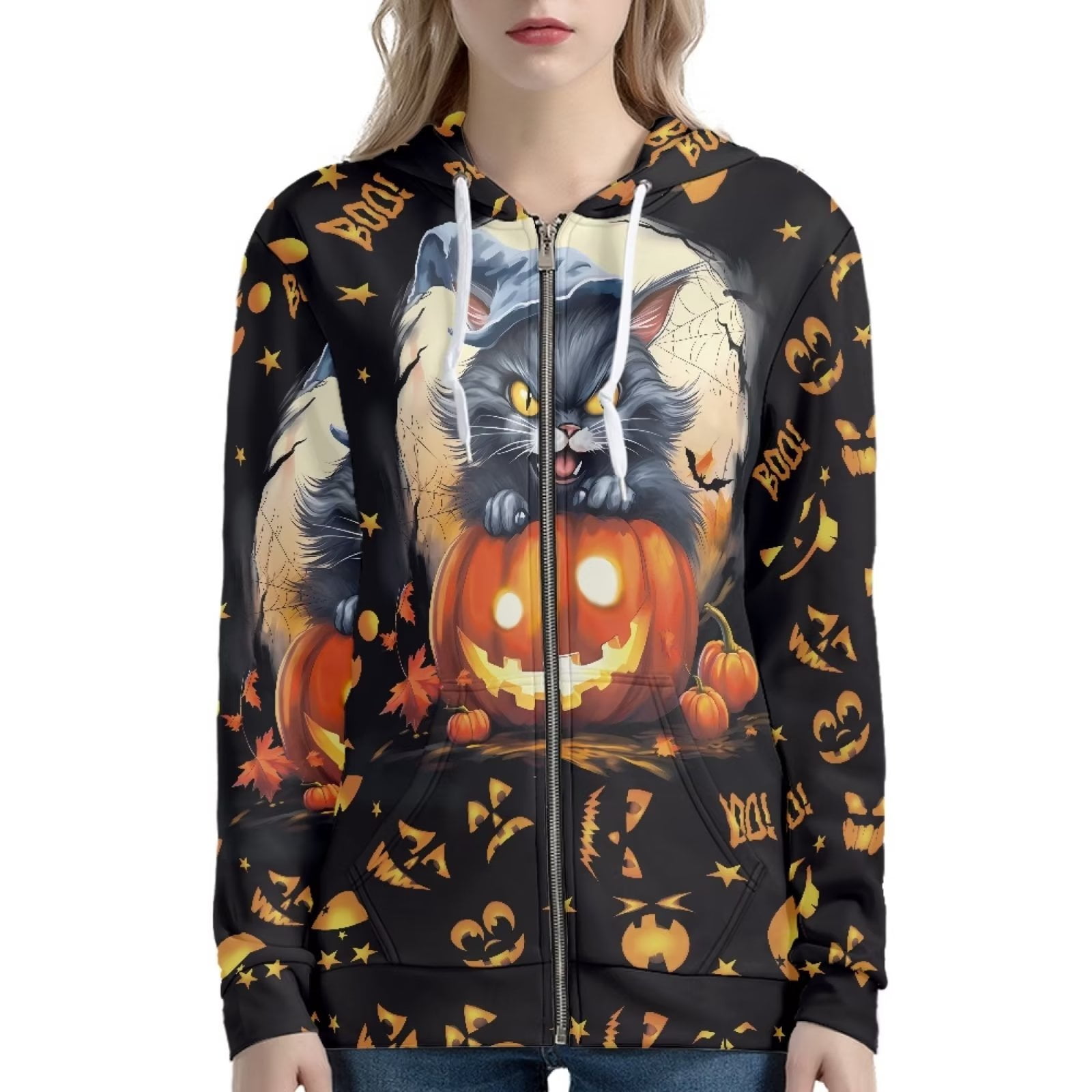 NETILGEN Halloween Pumpkin & Cat Hoodies for Women Pullover Graphic, Skin Friendly Hoodies for ...